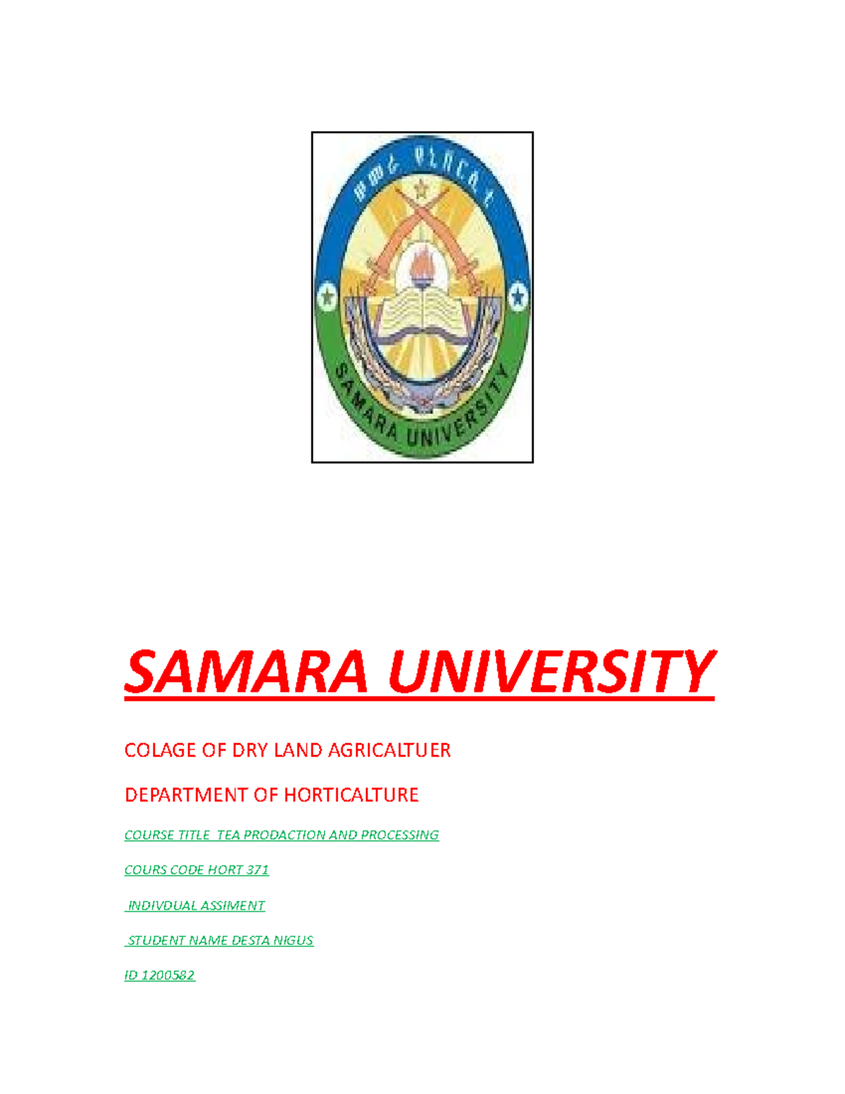 Nigus - law - SAMARA UNIVERSITY COLAGE OF DRY LAND AGRICALTUER DEPARTMENT OF HORTICALTURE COURSE ...