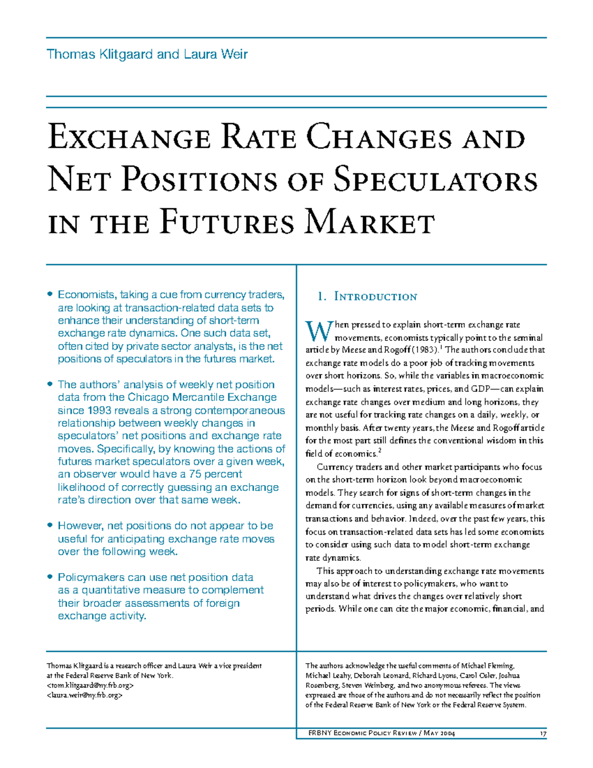 Exchange Rate Changes and Net Positions of Speculators in the Futures ...