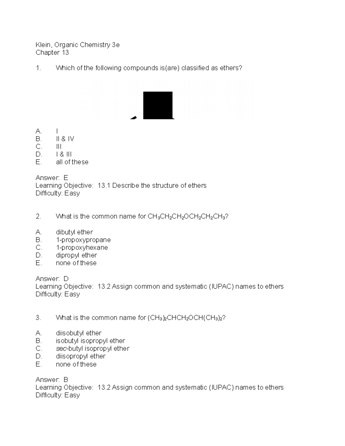 Chapter 13 organic chemistry test bank questions for Klein Orgo 3rd ...