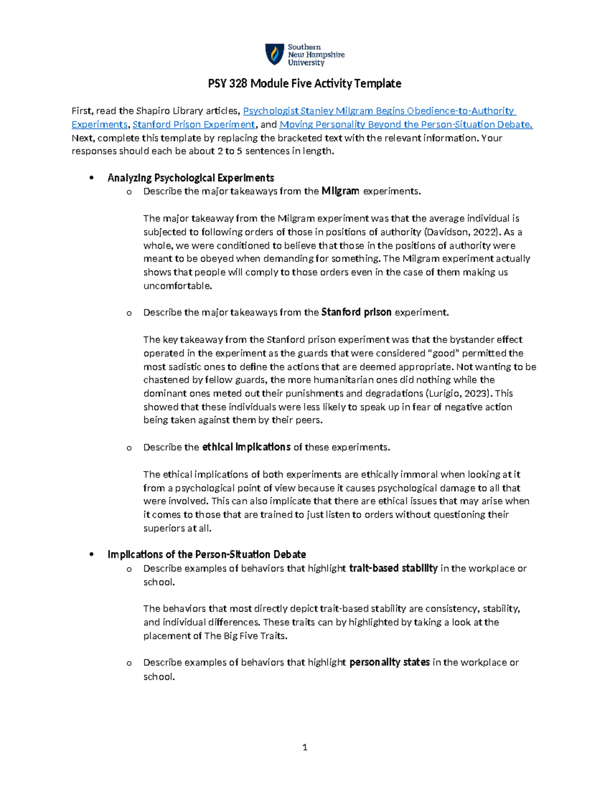 PSY 328 Module Five Activity - Next, complete this template by replacing the bracketed text with ...