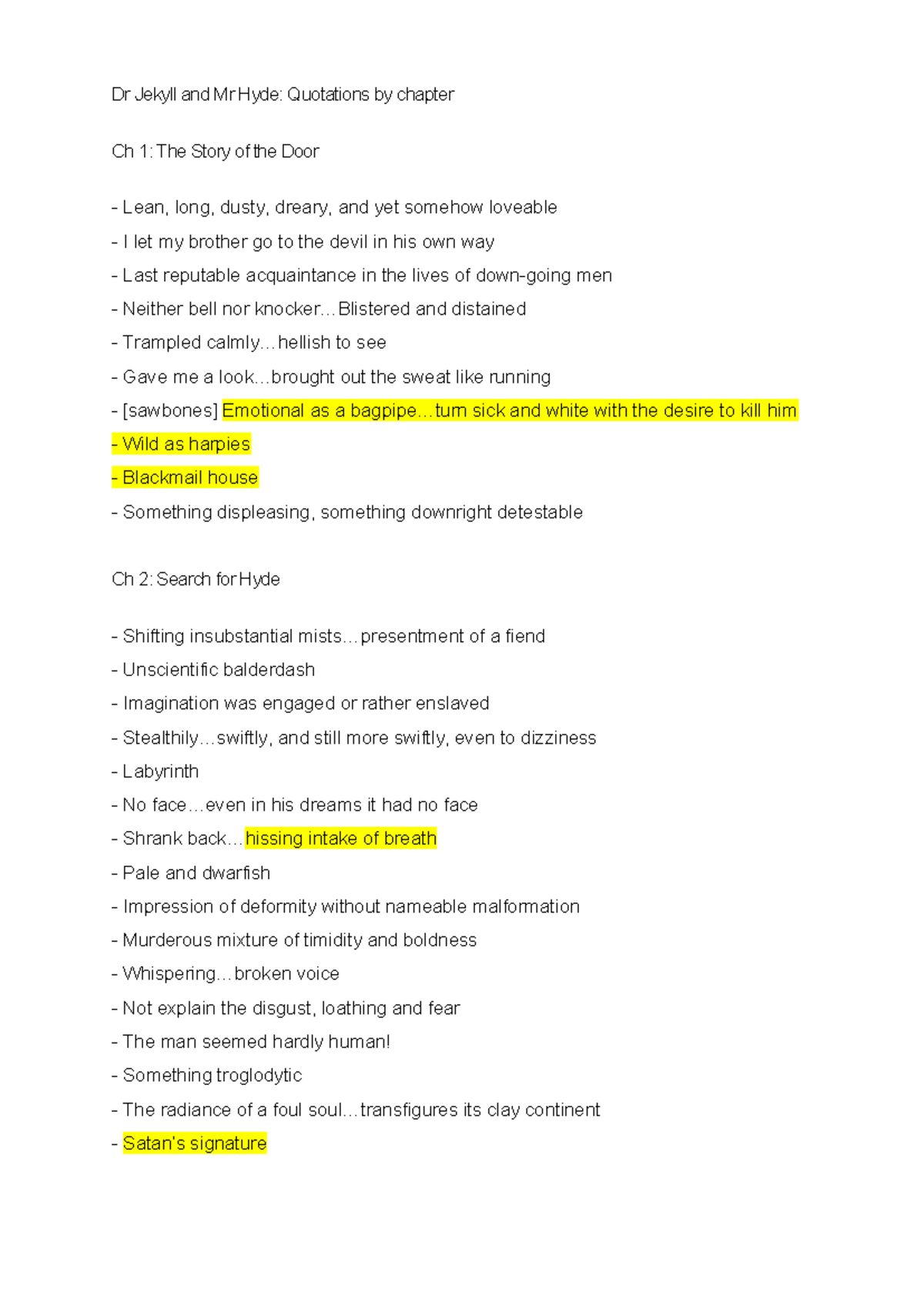 Jekyll and Hyde Quotations by chapter - Dr Jekyll and Mr Hyde ...