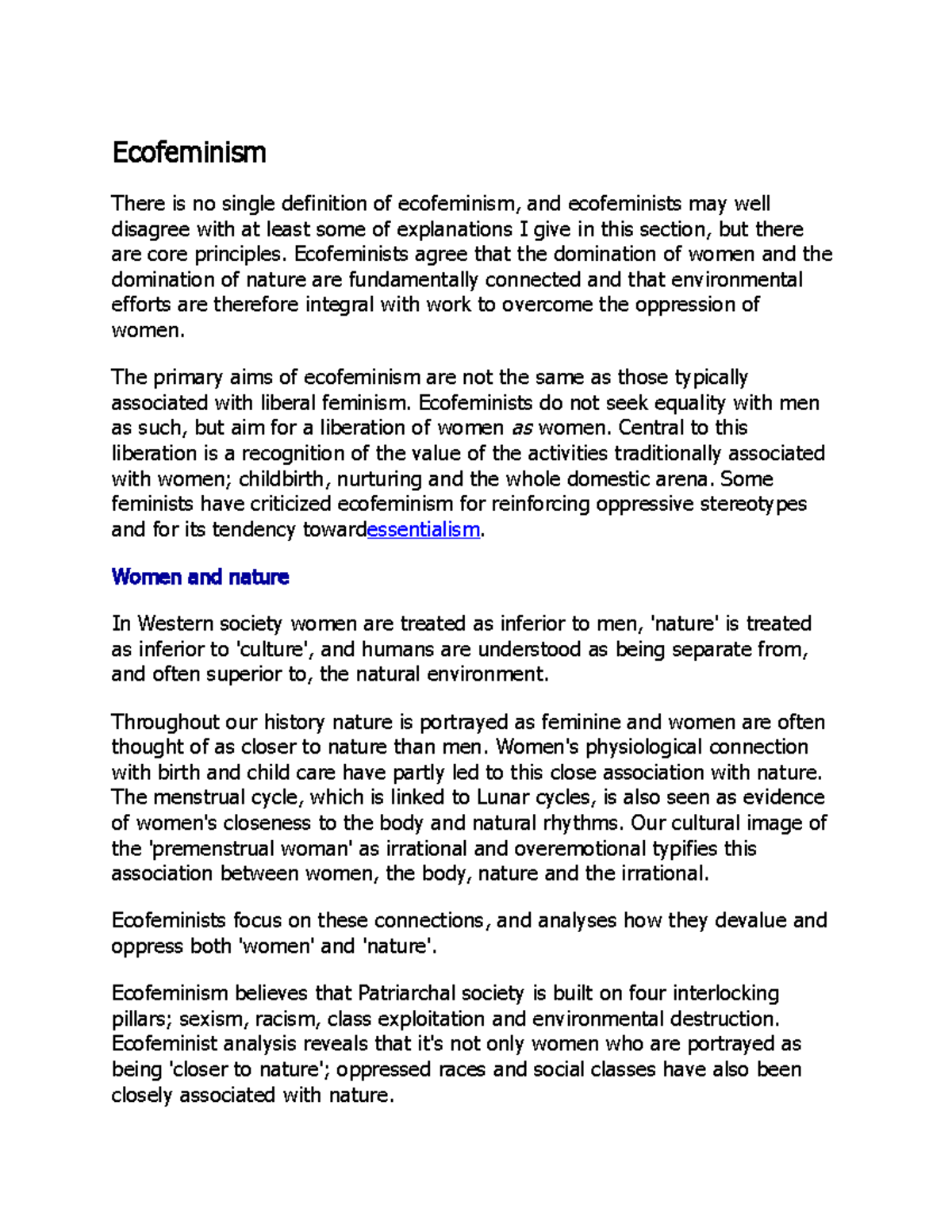 Ecofeminism Notes - Ecofeminism There is no single definition of ...