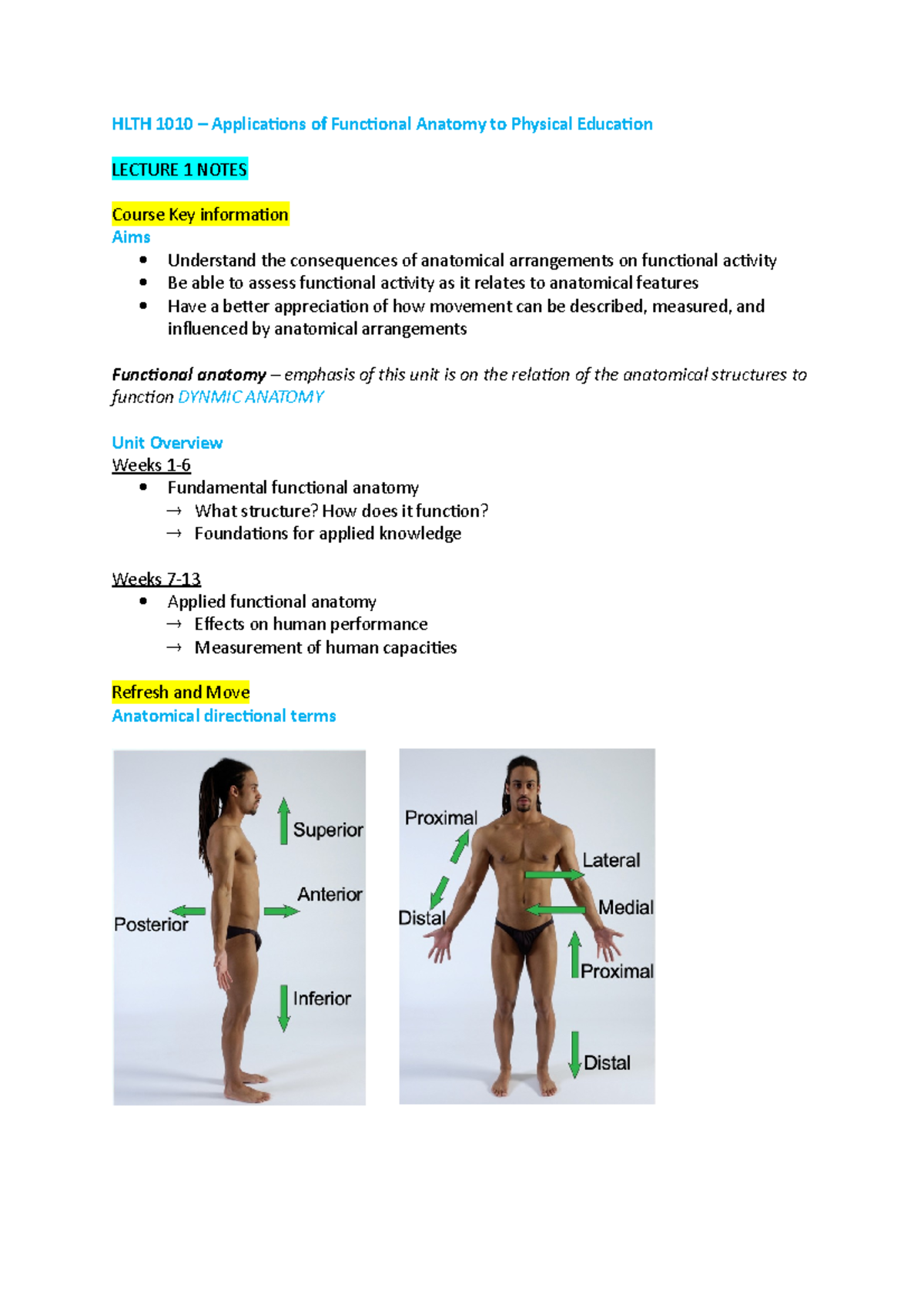Lecture 1 Notes - HLTH 1010 – Applications of Functional Anatomy to ...