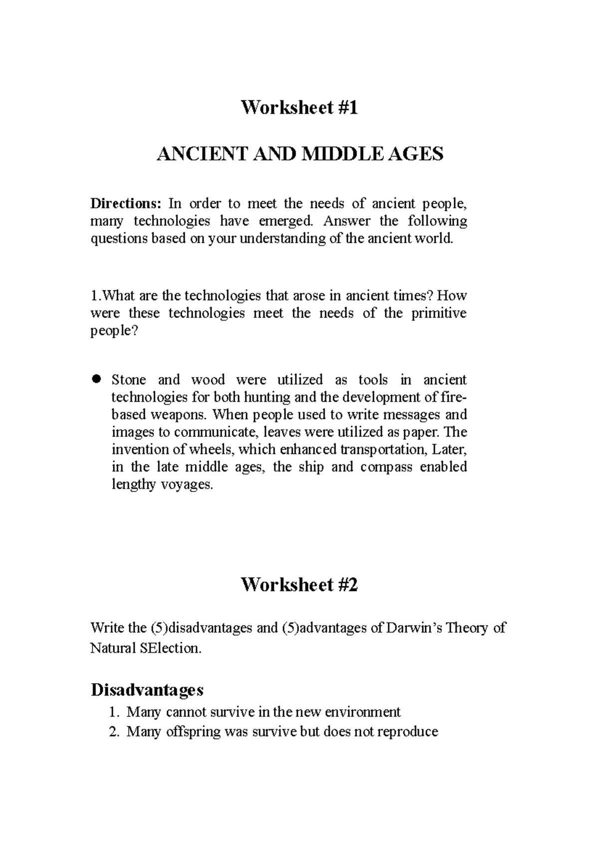 Ancient AND Middle AGES(Work Sheet 1-4) - Worksheet ANCIENT AND MIDDLE ...