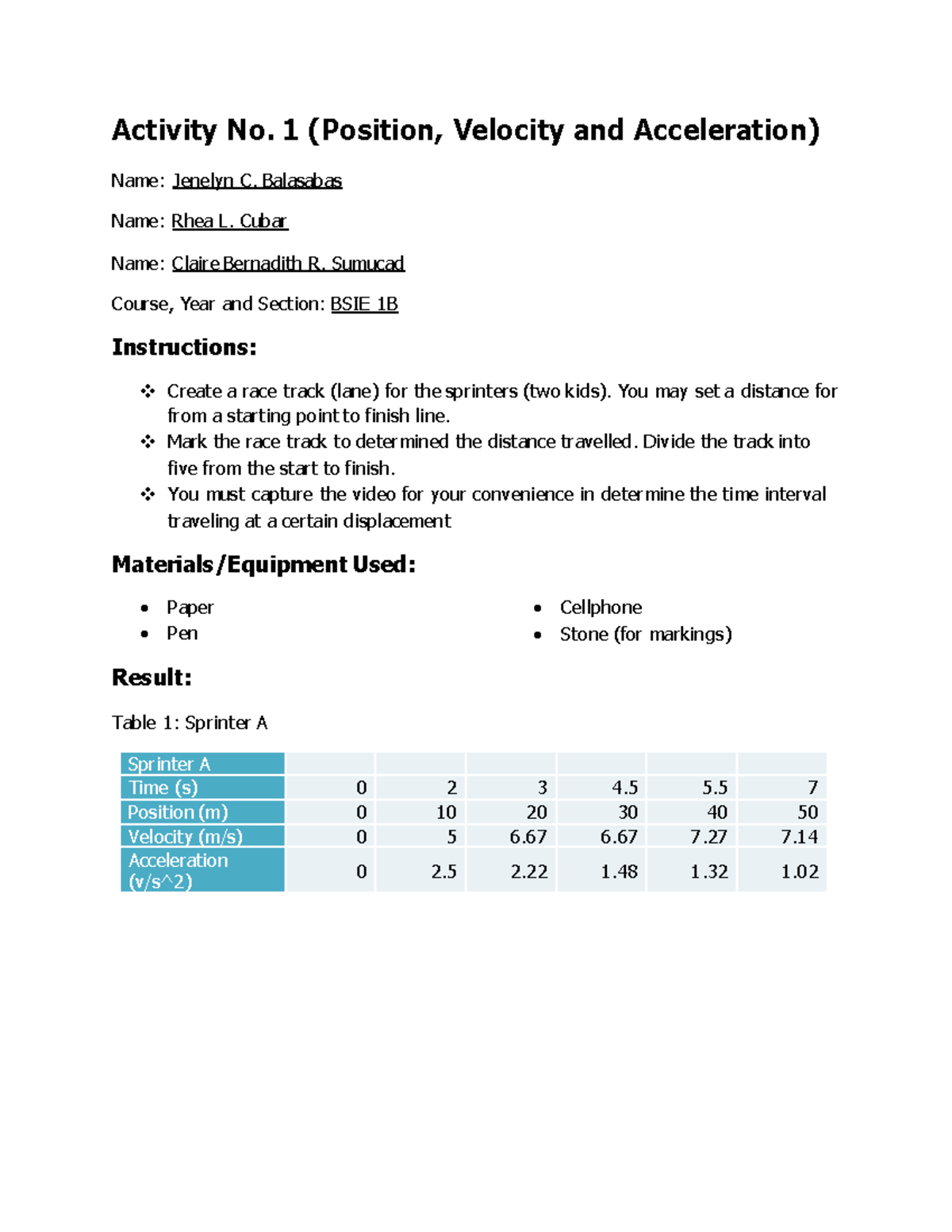 ( Expirement) Activity ON Acceleration, Position AND Velocity ...