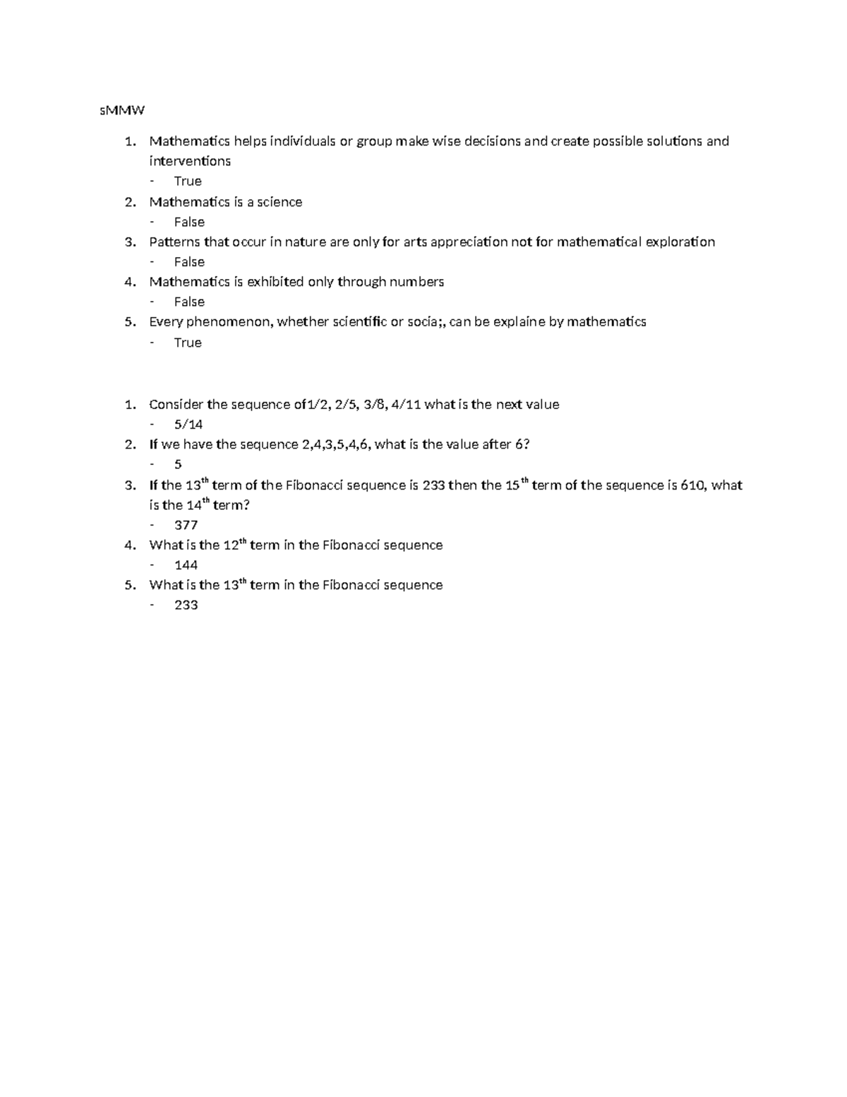 MMW quizes - oooooooooooooooooooooooooooooooooooooo - sMMW 1 ...