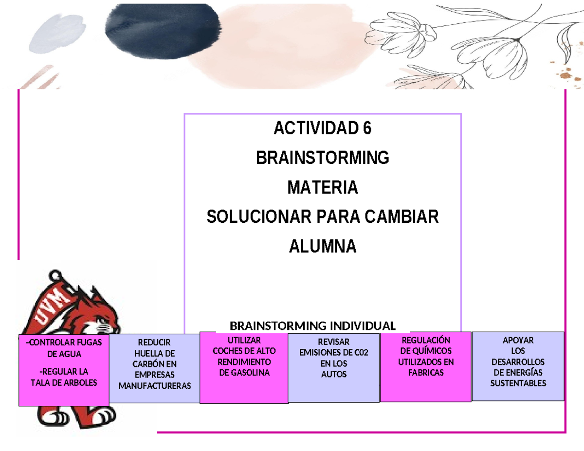 Brainstorming - ACTIVIDAD 6 BRAINSTORMING MATERIA SOLUCIONAR PARA CAMBIAR ALUMNA REDUCIR HUELLA ...