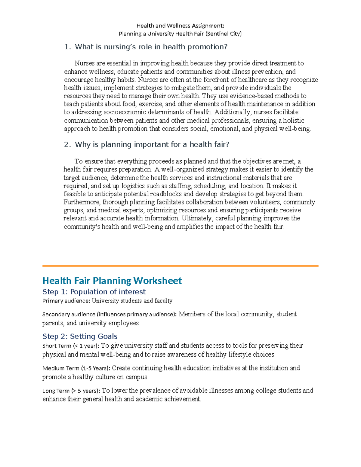 Planning a University Health Fair (Sentinel City) - Health and Wellness ...
