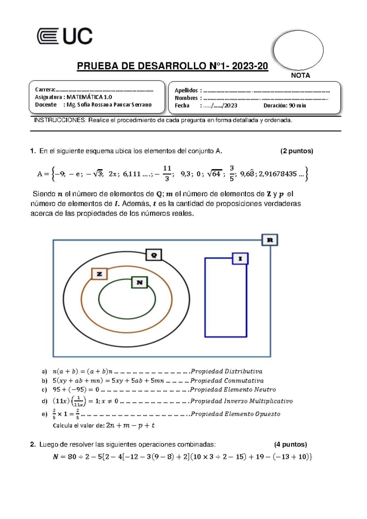 Prueba DE Desarrollo N 1 FILA H-2023-20 - Matemática 1.0 - Studocu