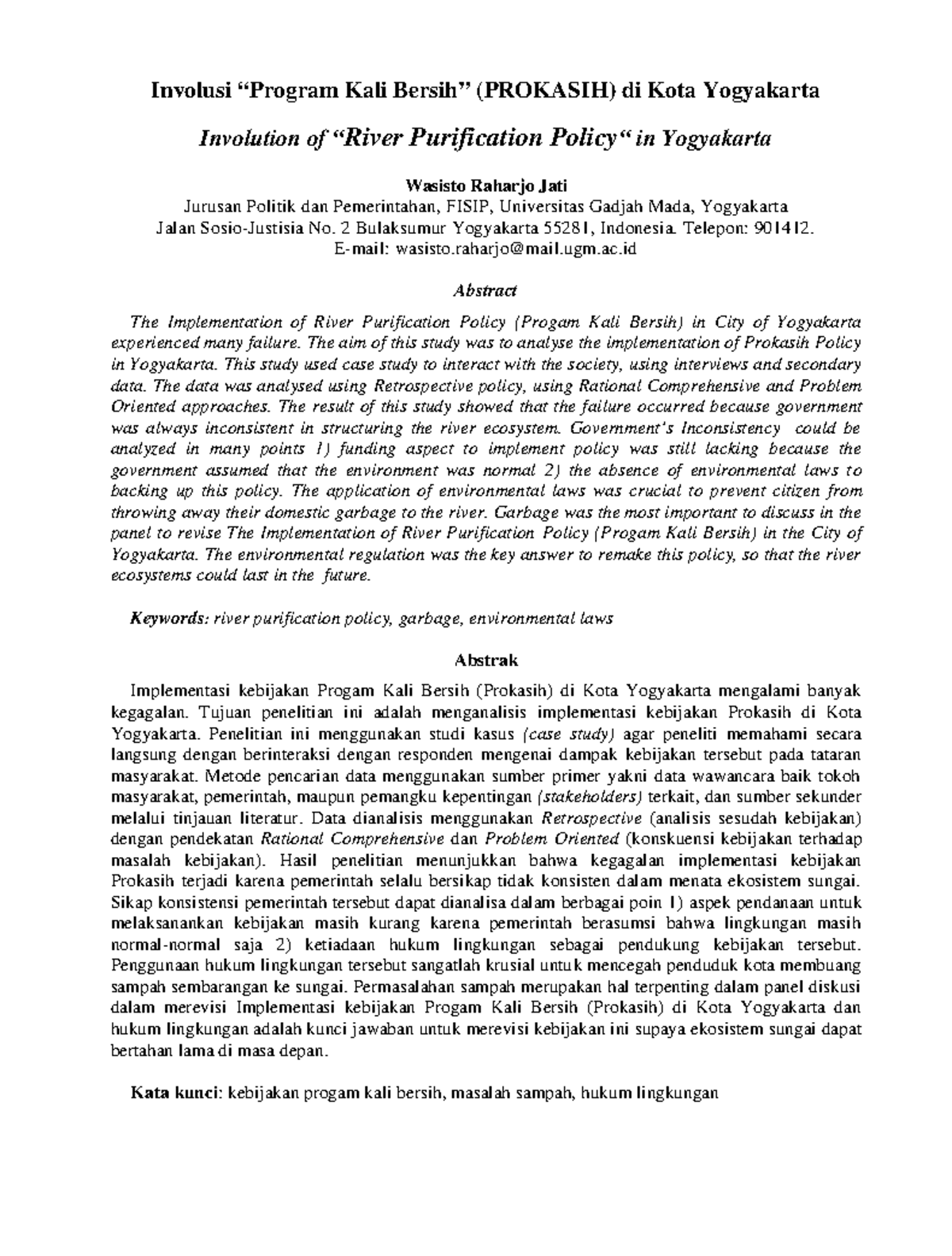 Involusi “program kali bersih” (prokasih) di kota yogyakarta - Involusi ...
