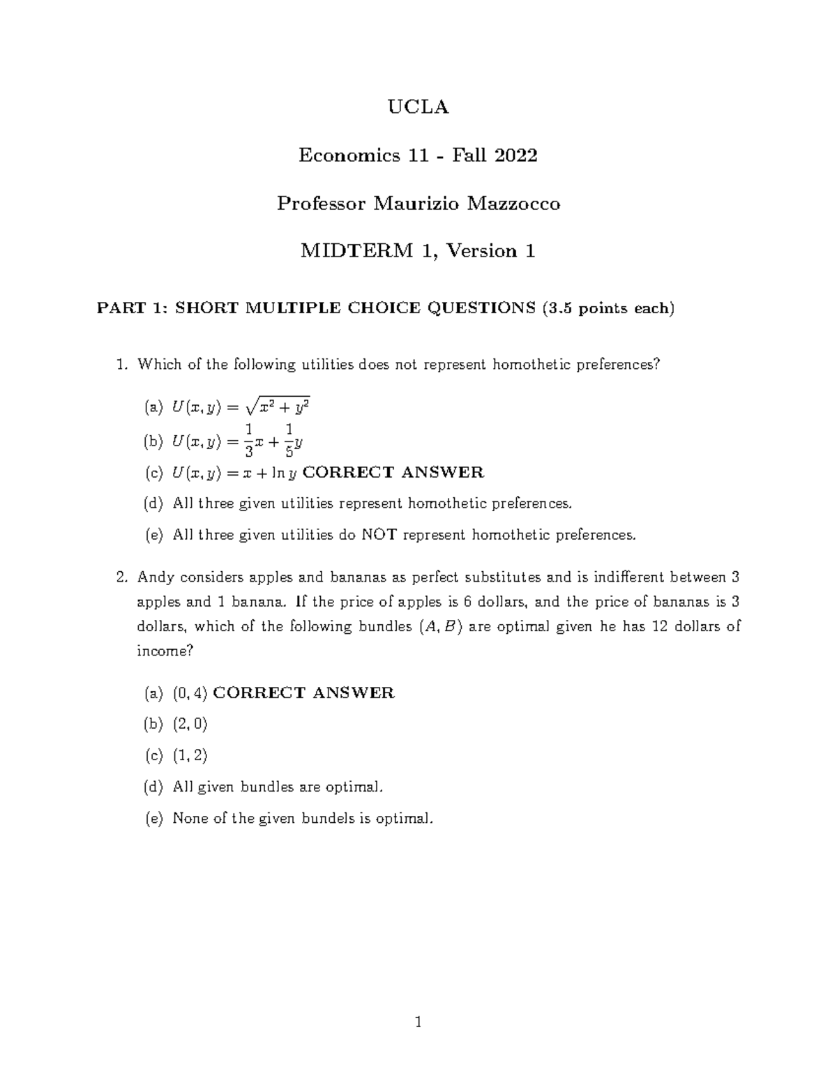 2022 Midterm 1 sol - UCLA Economics 11 - Fall 2022 Professor Maurizio Mazzocco MIDTERM 1 ...