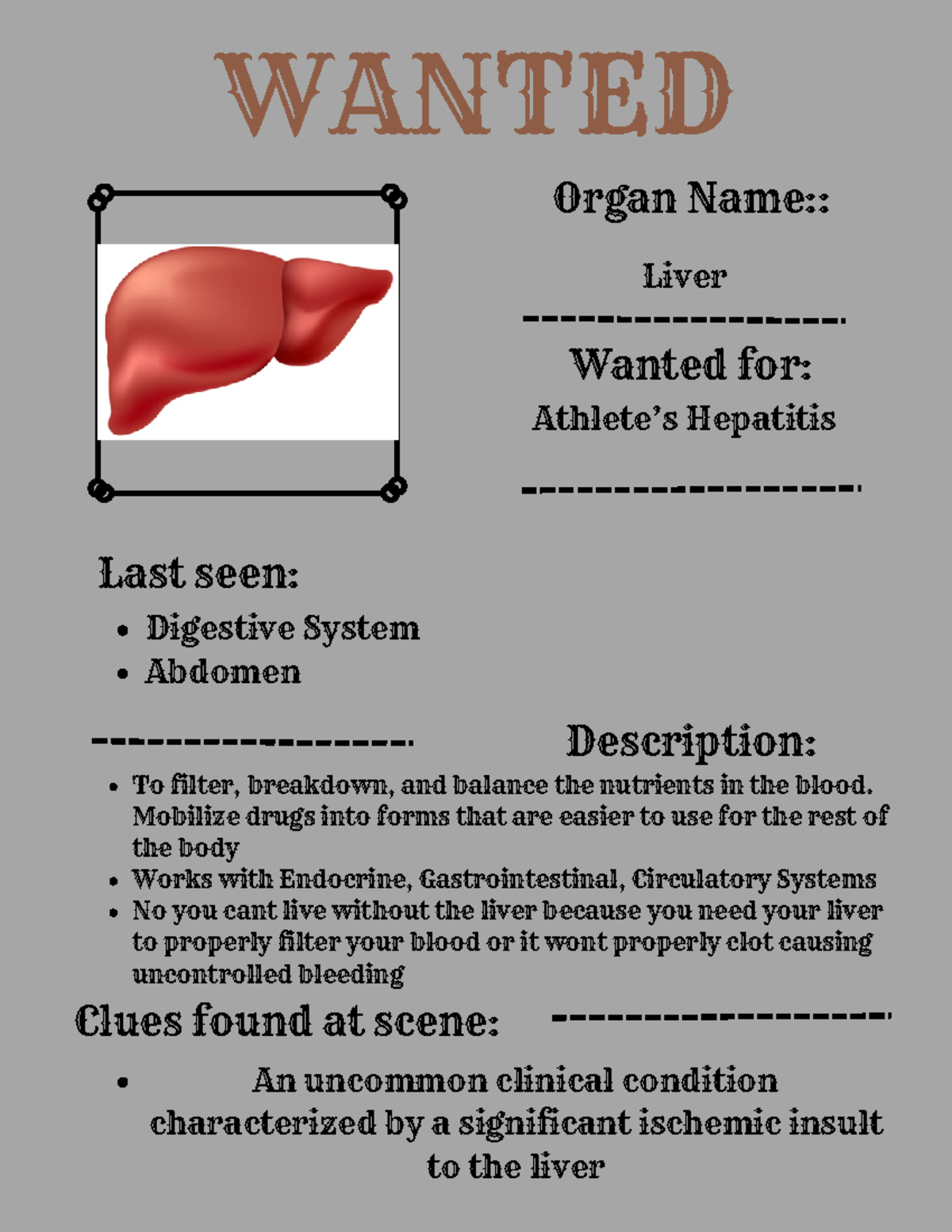 Wanted - ... - Clues found at scene: Organ Name:: Wanted for: Last seen ...
