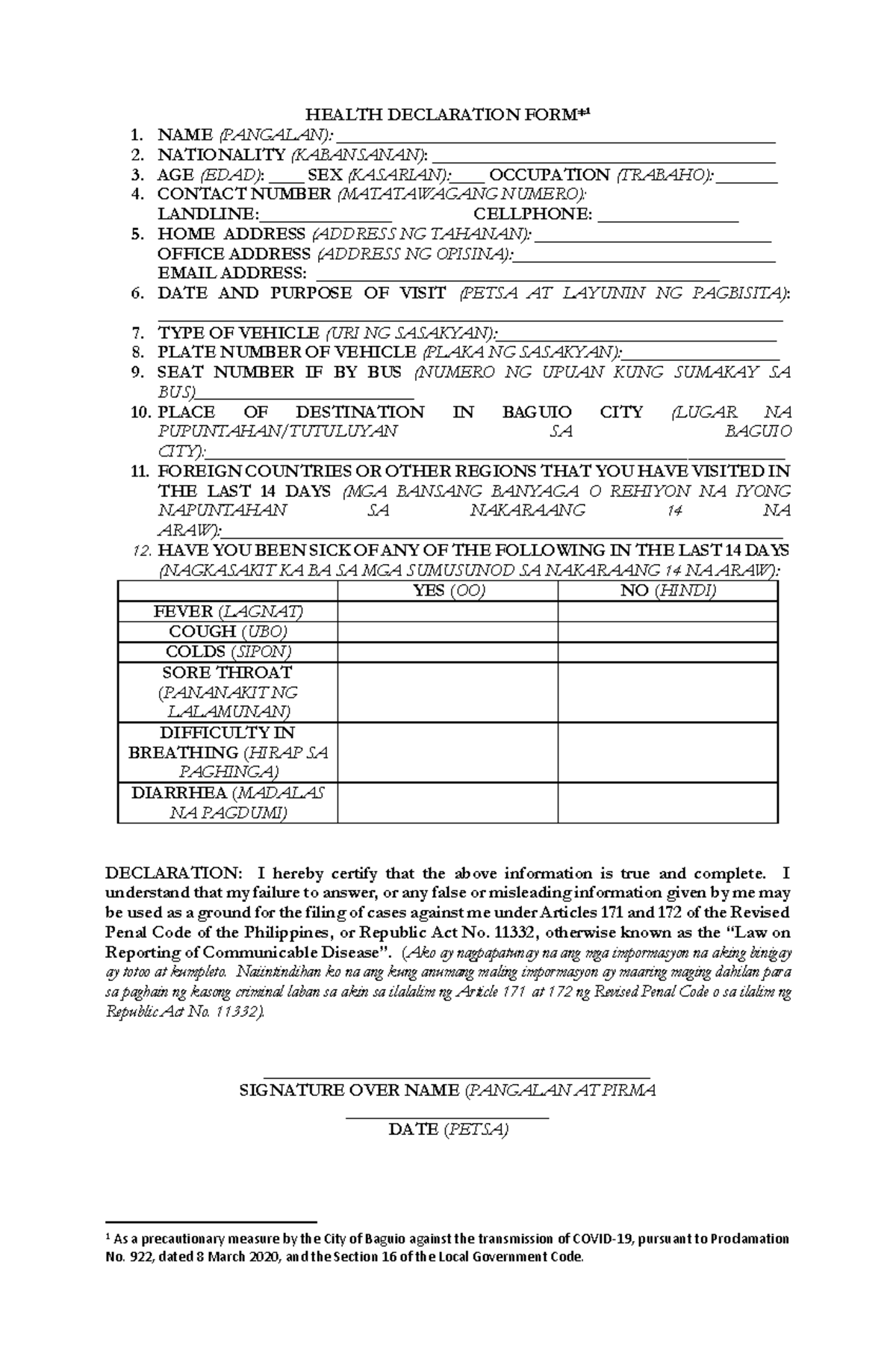 Health Declaration FORM - HEALTH DECLARATION FORM* 1 1. NAME (PANGALAN) : - Studocu