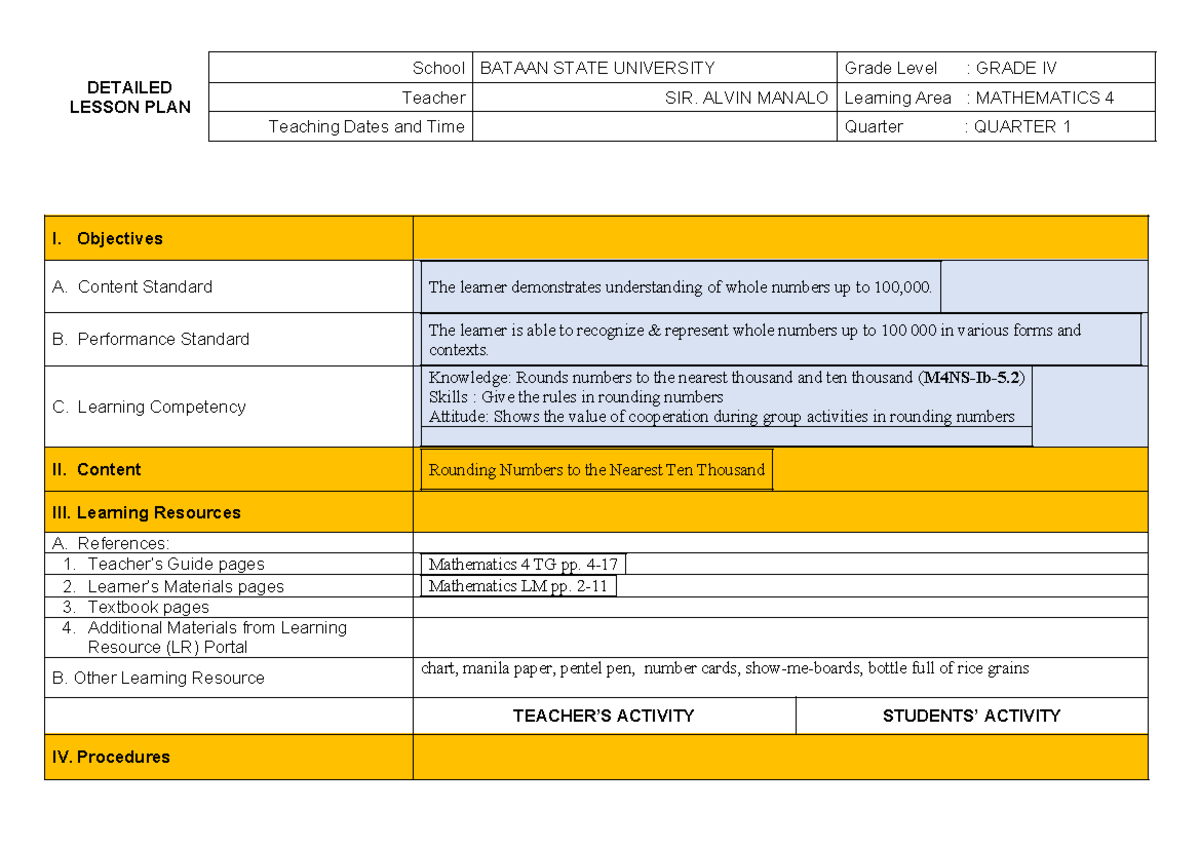 Math DLP - LECTURE - DETAILED LESSON PLAN School BATAAN STATE ...