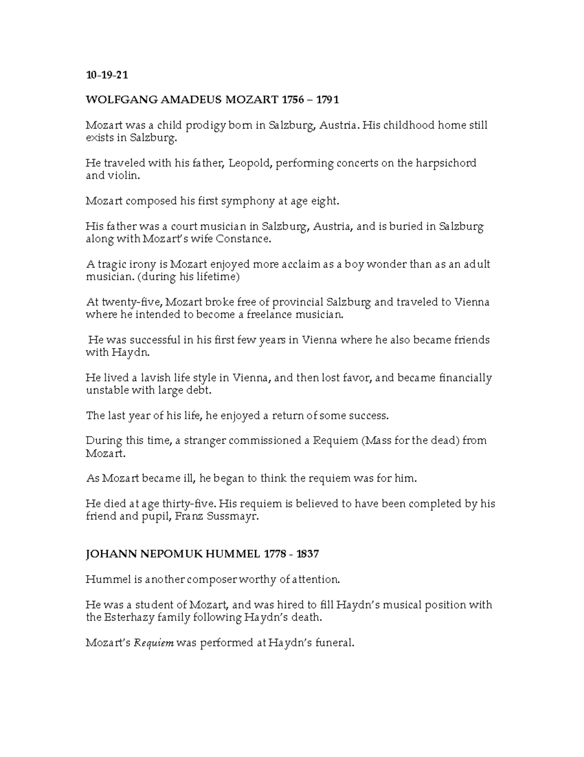 Notes 3-22-22 Classical-Mozart - 10-19- WOLFGANG AMADEUS MOZART 1756 ...