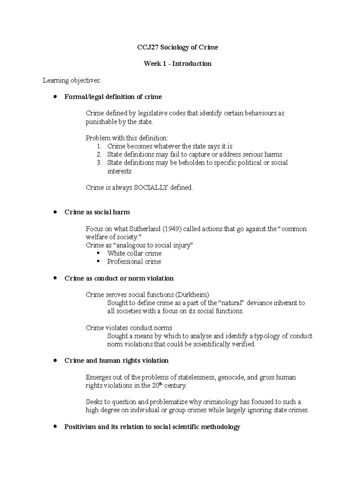 CCJ27 Sociology of Crime Study notes - CCJ27 Sociology of Crime Week 1 ...
