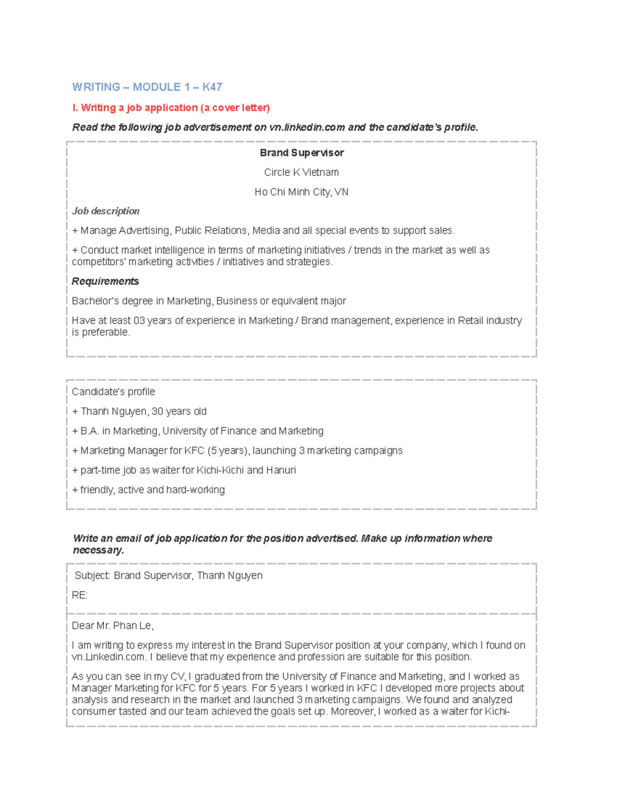 Writing Module 1 K47 - WRITING – MODULE 1 – K I. Writing a job ...