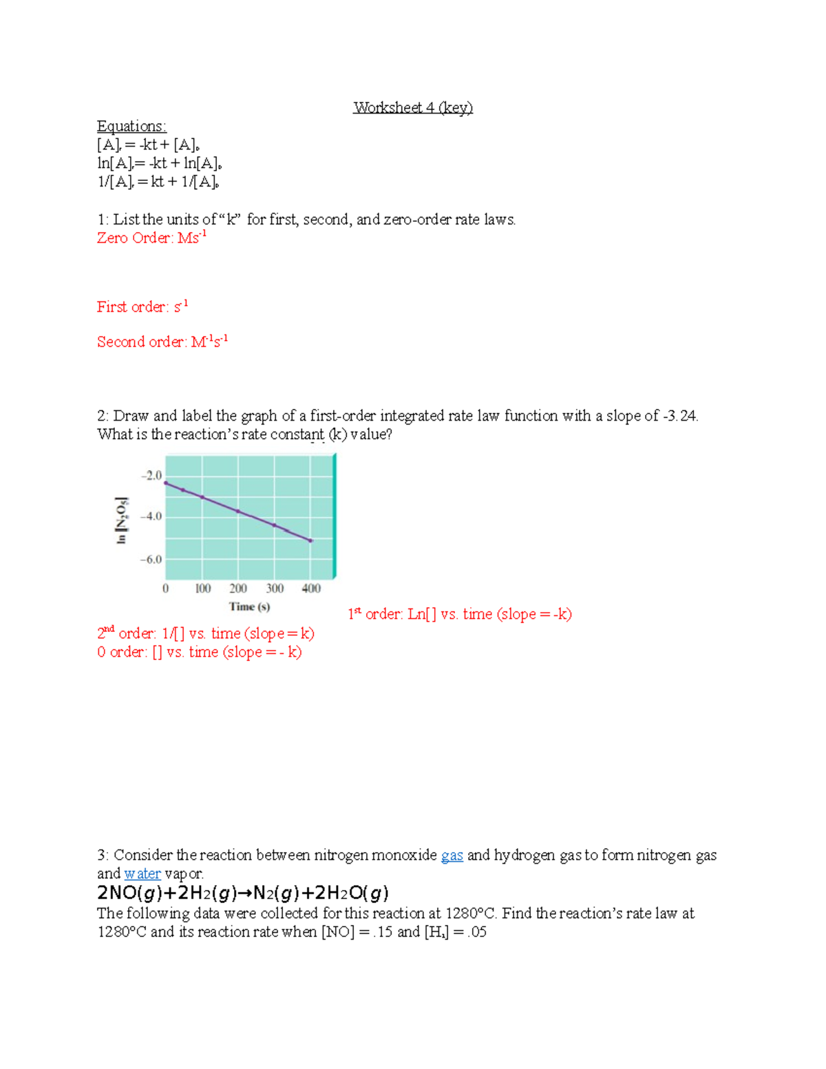 CHEM 132 SI - Worksheet 4 (key) - Worksheet 4 (key) Equations: [A]t ...