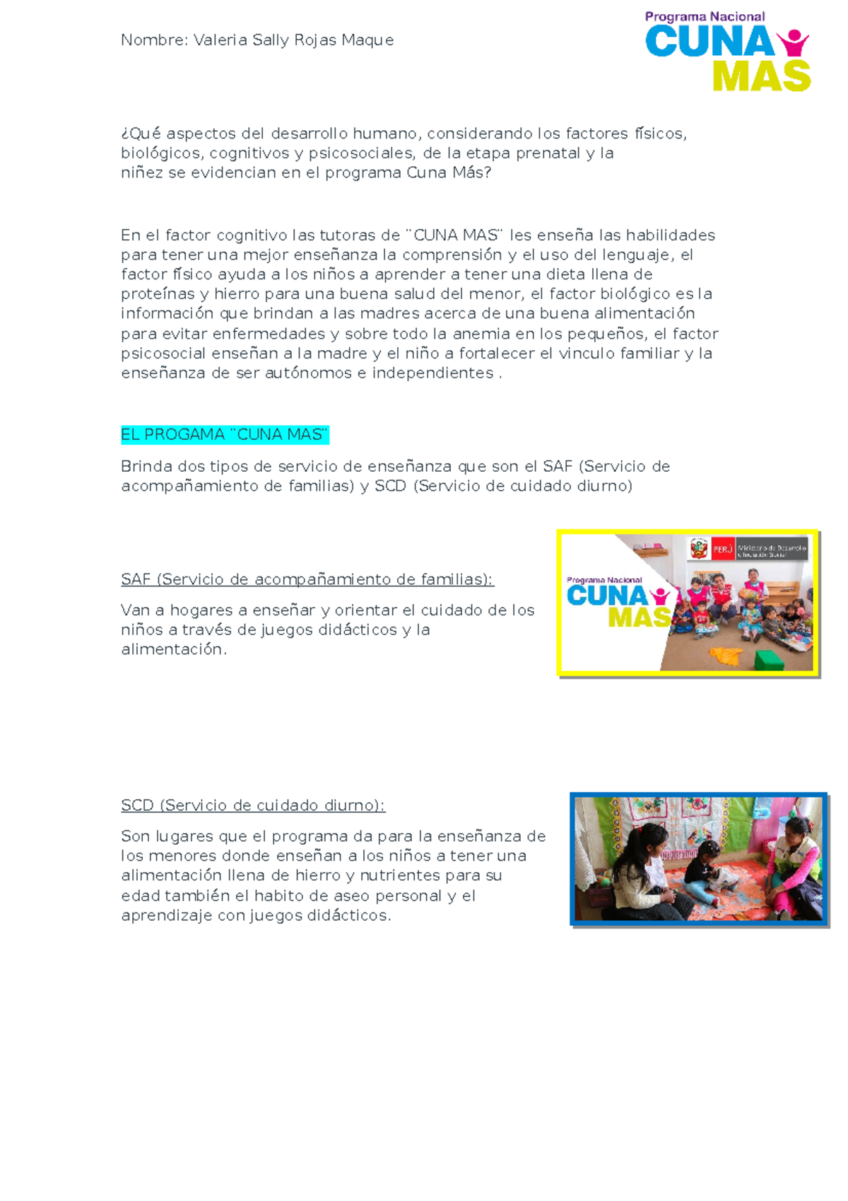 Programa ¨CUNA MAS ¨ - lectura - Nombre: Valeria Sally Rojas Maque ¿Qué aspectos del desarrollo ...