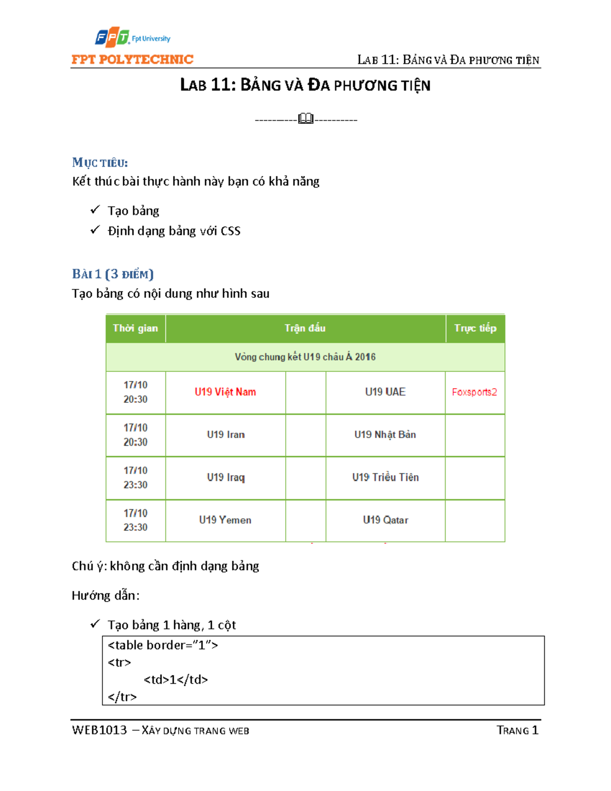 Web1013-Lab11 - phat trien phan mêm - LAB 11: BẢNG VÀ ĐA PHƯƠNG TIỆN WEB1013 – XÂY DỰNG TRANG ...