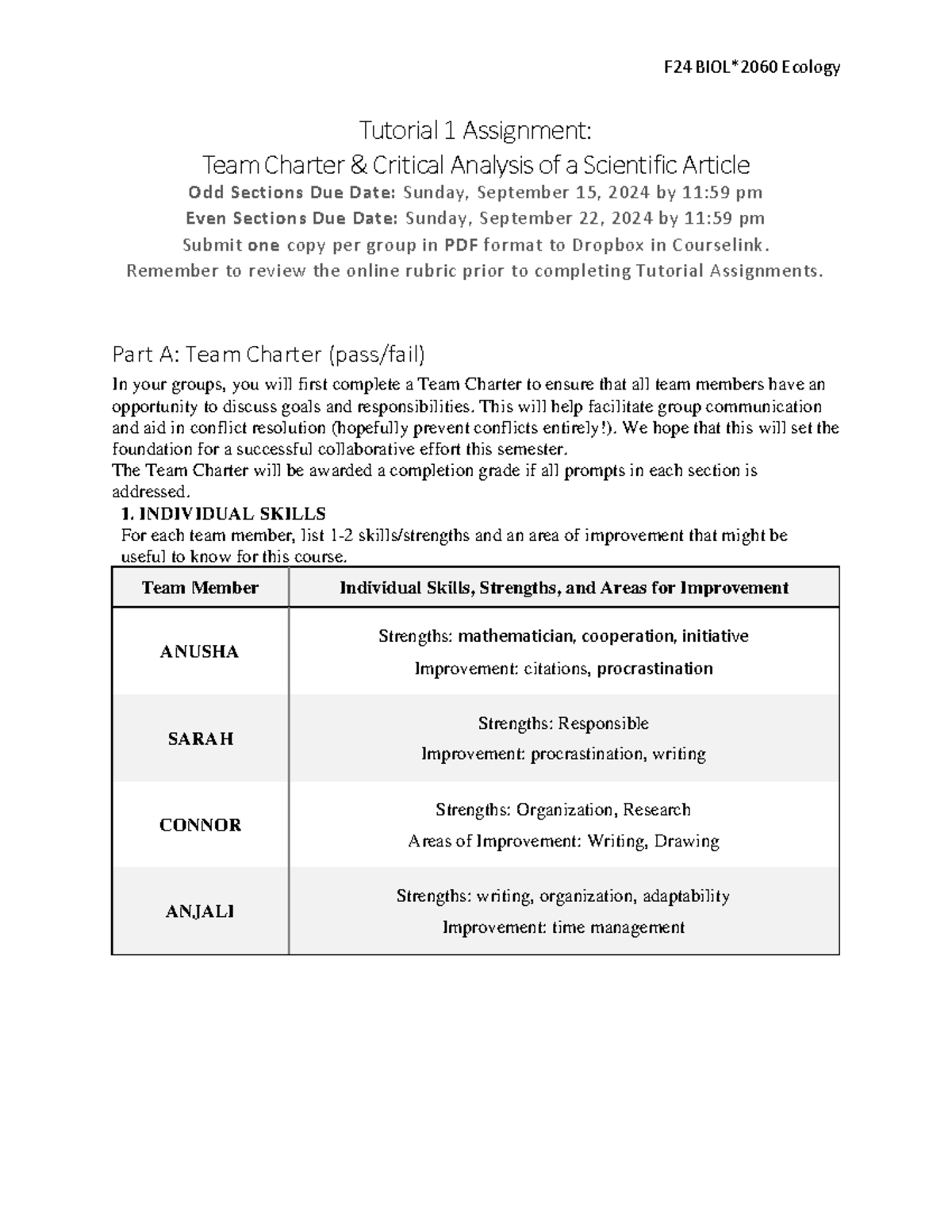 Assignment 1 Team Charter and Critical Analysis of a Scientific Article - Tutorial 1 Assignment ...