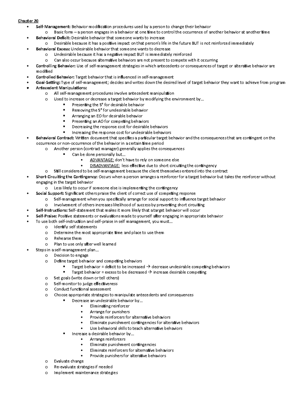 Psych 282 - Final Summary - Chapter 20 Self-Management: Behavior ...
