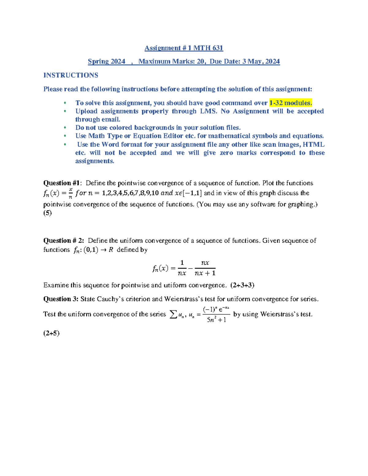 Spring 2024 MTH631 1 - Assignment # 1 MTH 631 Spring 2024 , Maximum Marks: 20, Due Date: 3 May ...