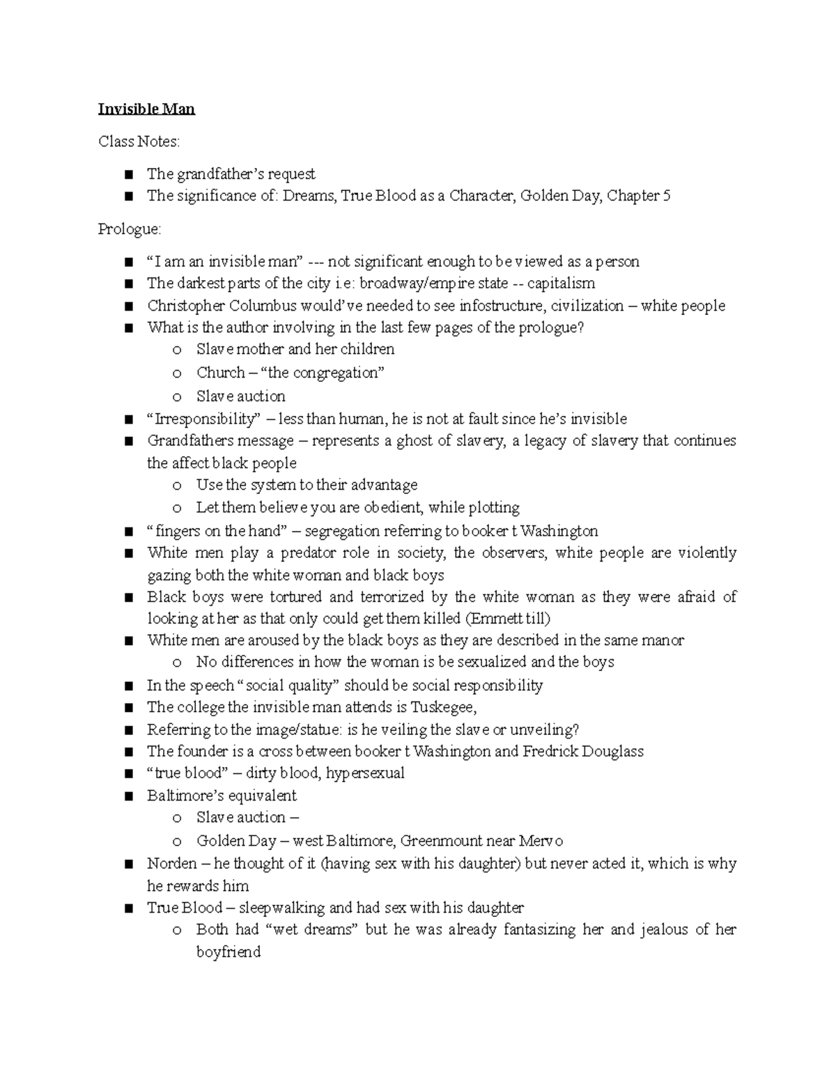 Notes lit375 p2 - Invisible Man Class Notes: The grandfather’s request ...