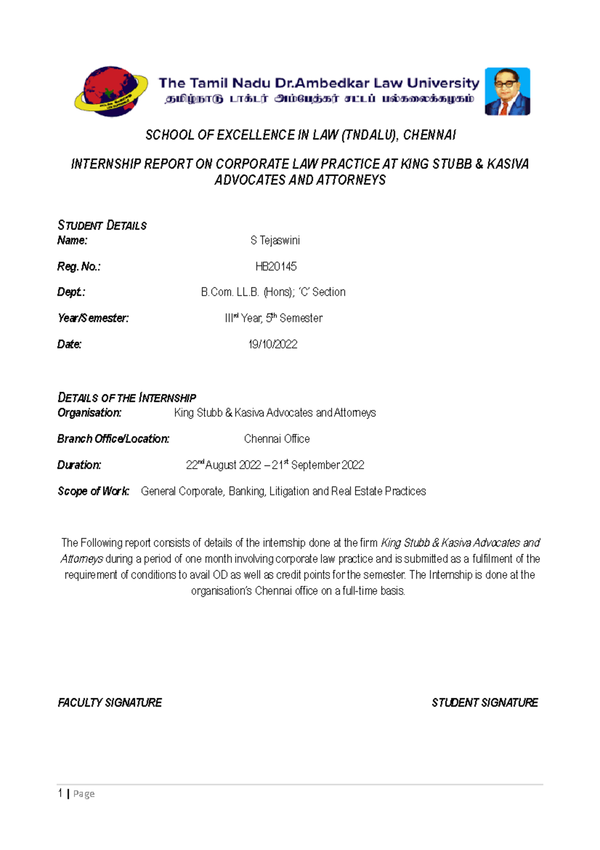 Internship Report KSK AUG 2022 - SCHOOL OF EXCELLENCE IN LAW (TNDALU ...