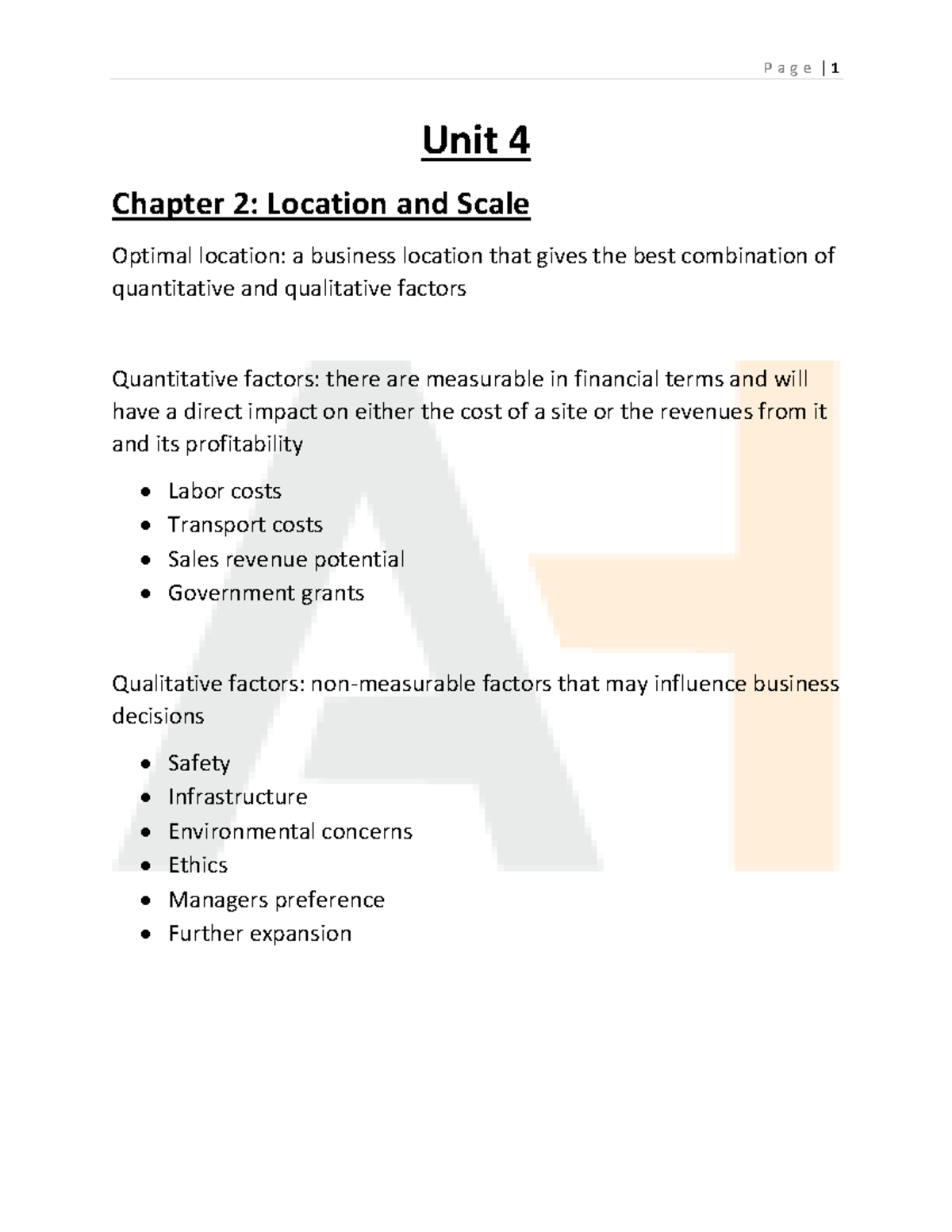 Unit 4 (A level) - Will help to save time - Unit 4 Chapter 2: Location ...