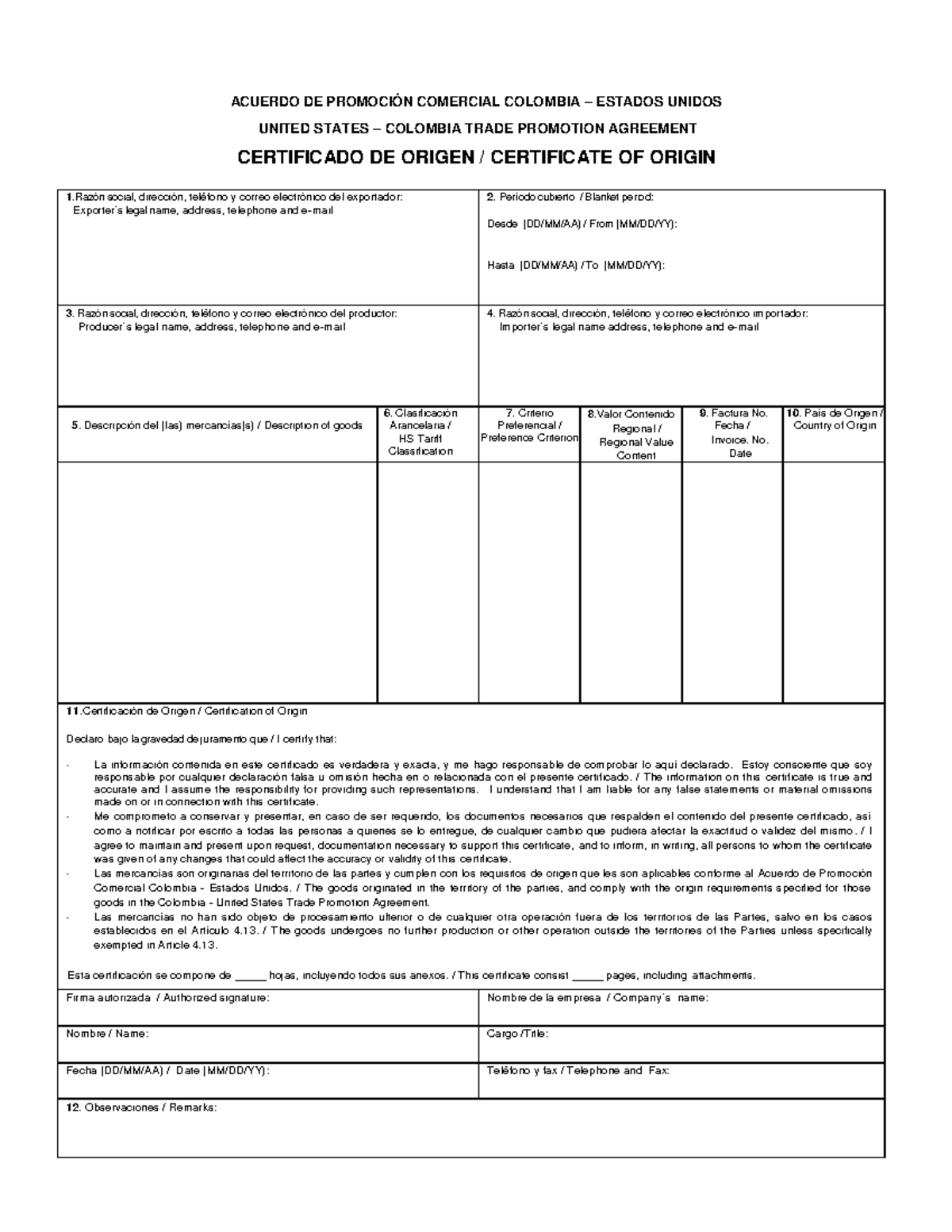 Formato Certificado De Origen Estados Unidos