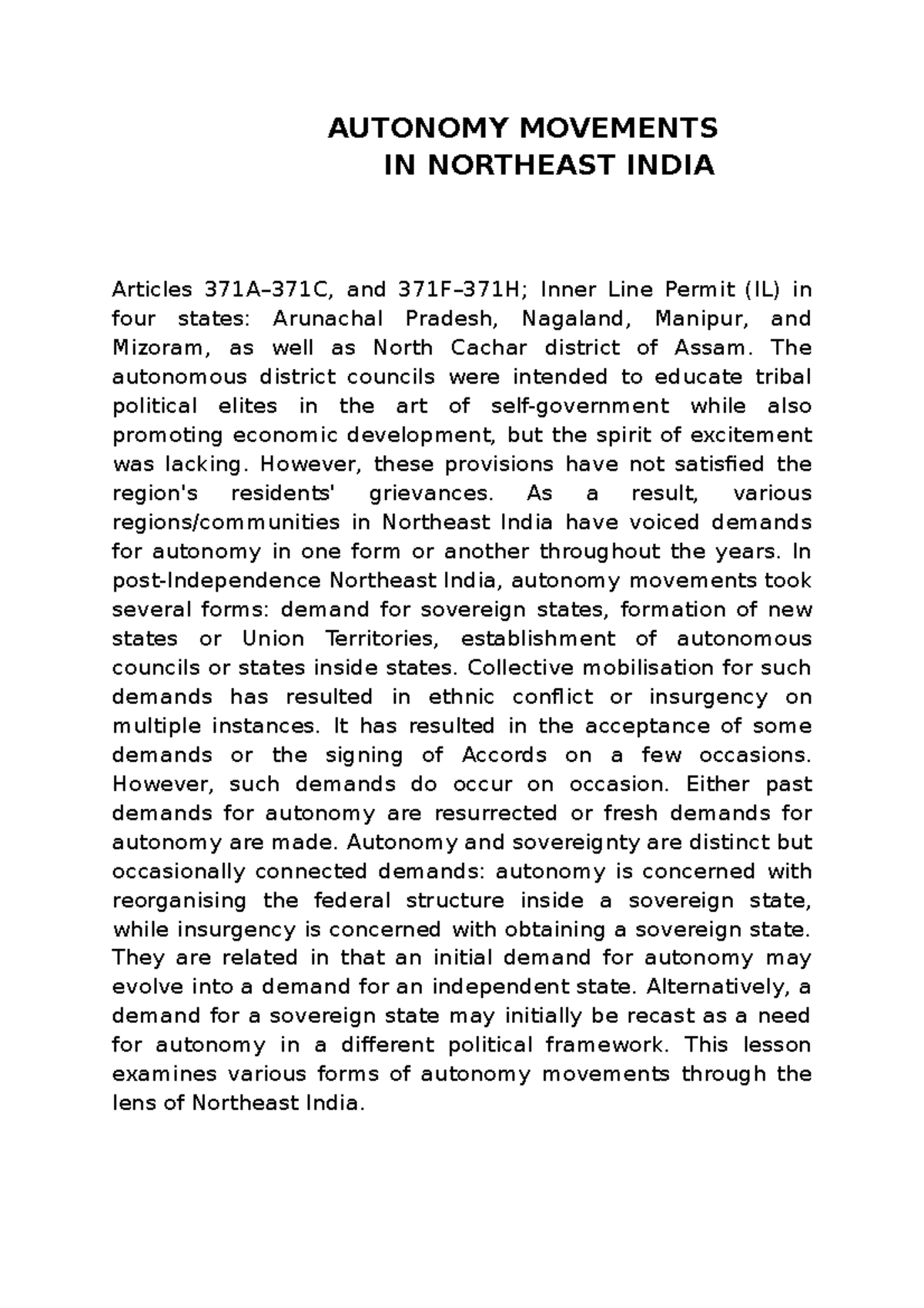 Autonomy Movements IN Northeast India - AUTONOMY MOVEMENTS IN NORTHEAST ...