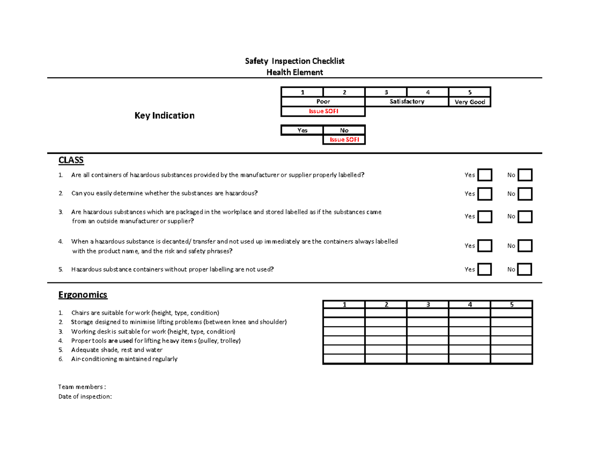 Safety Inspection Checklist - ####### 1 2 3 4 5 Very Good Yes No Issue ...