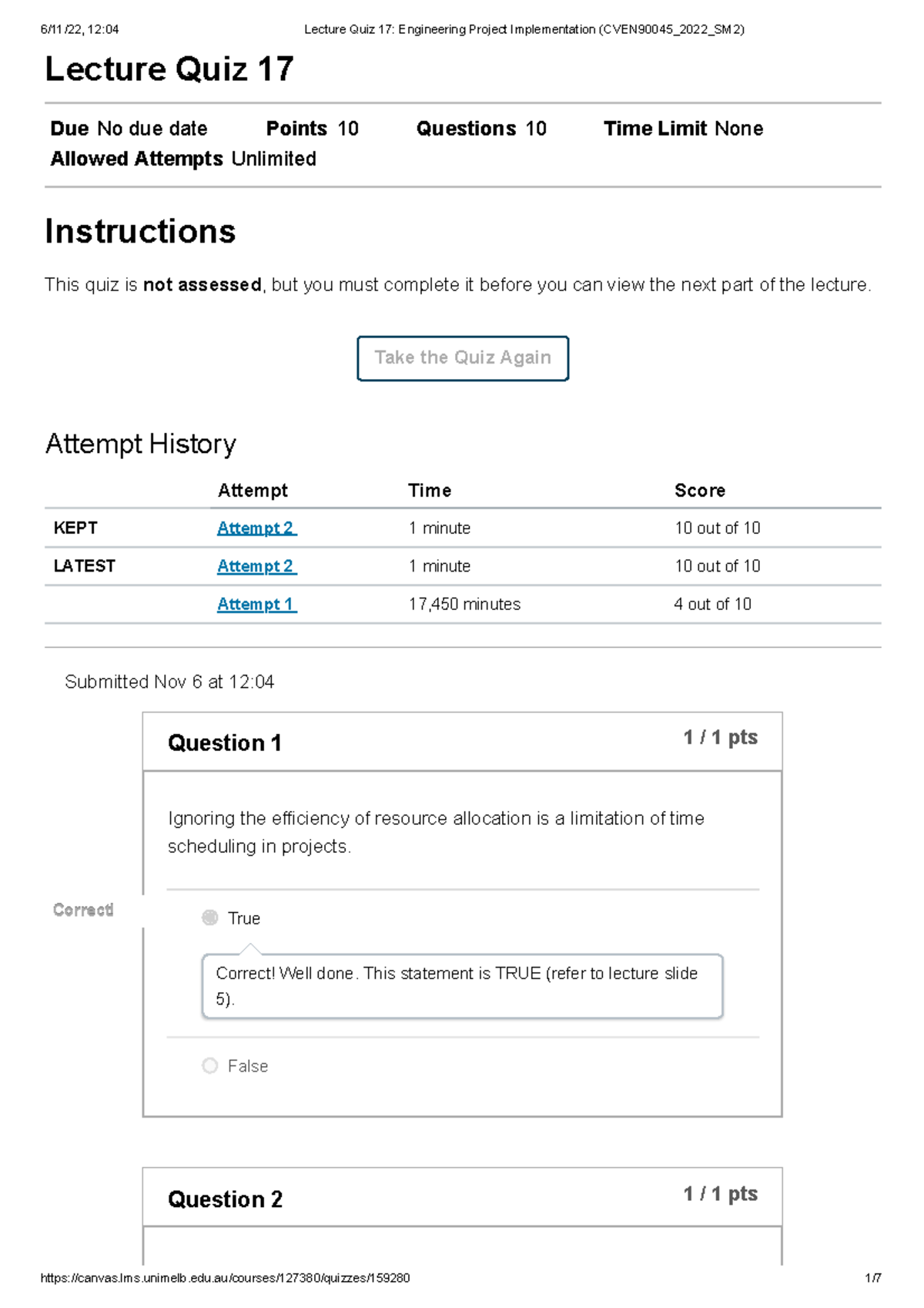 Lecture Quiz 17 Engineering Project Implementation (CVEN90045 2022 SM2) - Lecture Quiz 17 Due No ...