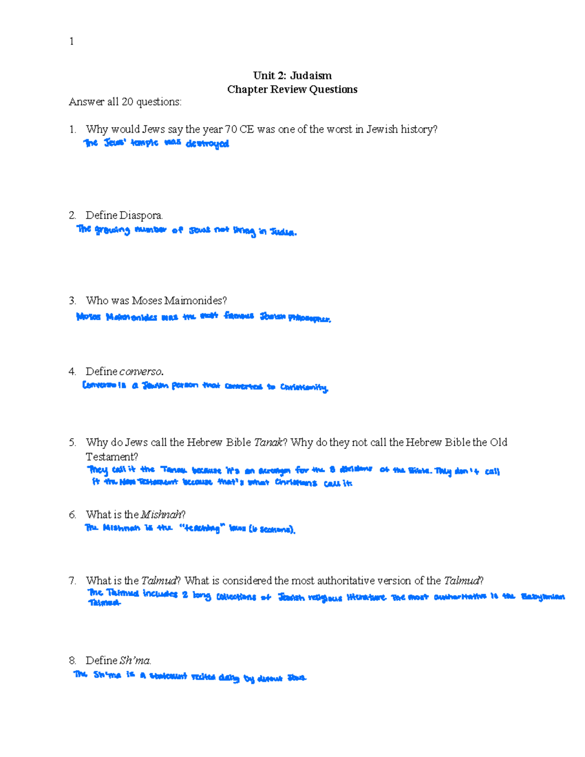 Chapter 2 Judaism Review Questions - 1 Answer all 20 questions: Chapter ...