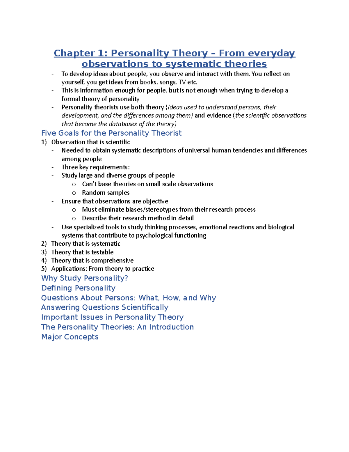 Personality Theories - Ch. 1 notes - Chapter 1: Personality Theory ...