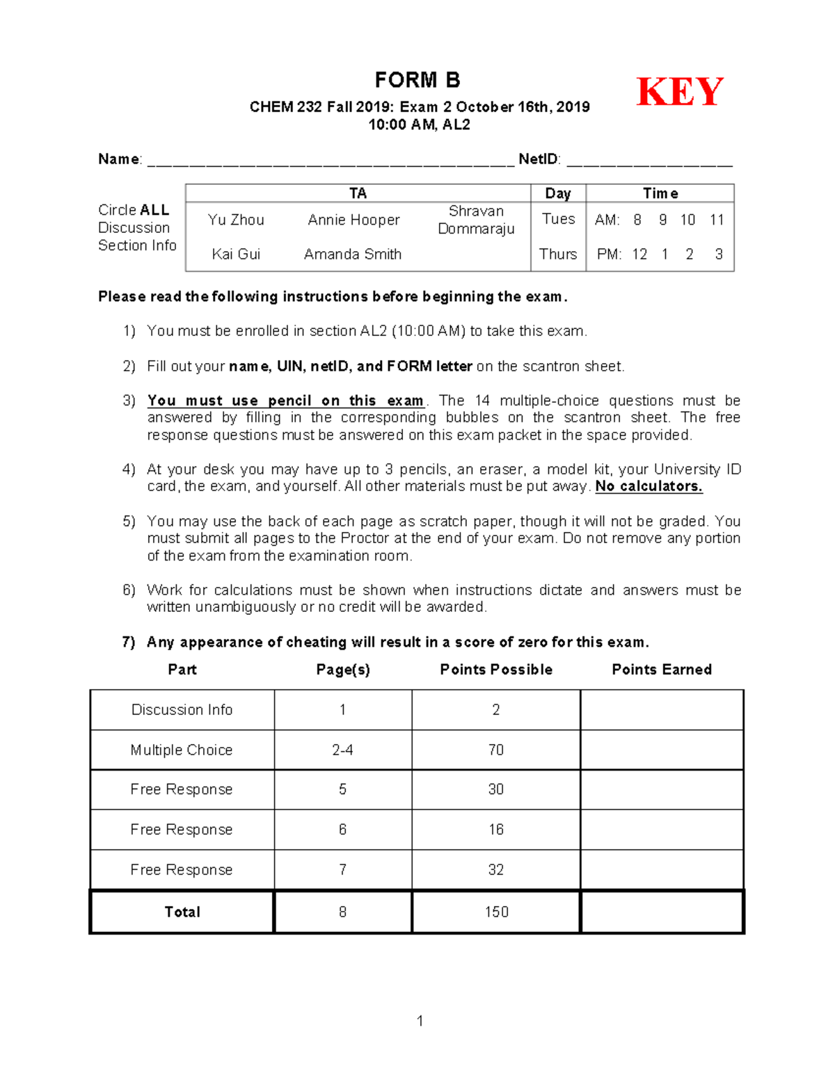 Exam 2 F2019 10AM Form B KEY - CHEM 232 Fall 2019: Exam 2 October 16th ...