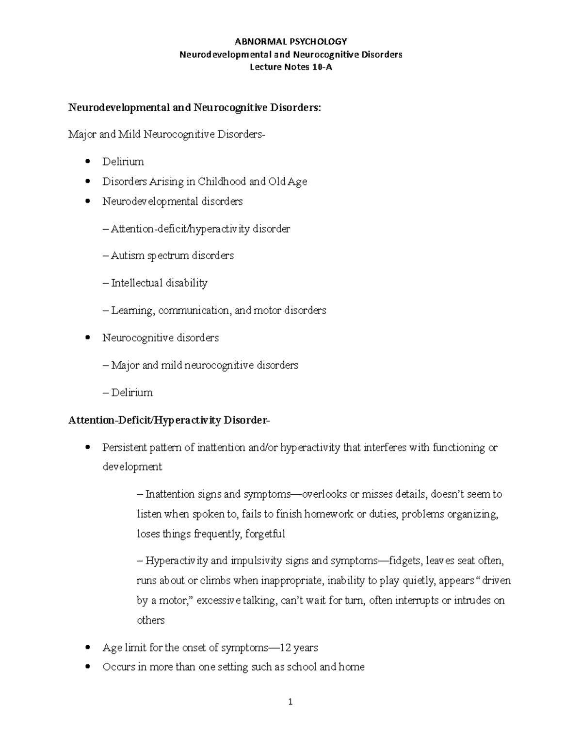 Abnormal Psych-Neurodevelopmental and Neurocognitive Disorders-Lecture ...