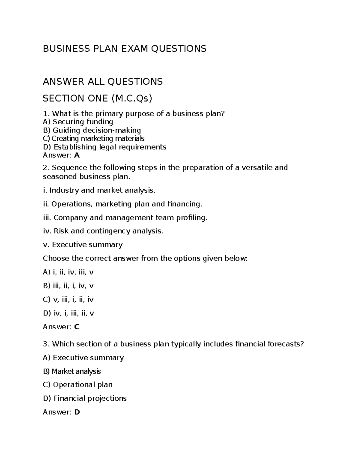 Business Plan Exam - BP exam - BUSINESS PLAN EXAM QUESTIONS ANSWER ALL ...