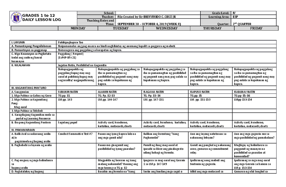 DLL ESP 4 Q2 W8 - DAILY LESSON LOG - GRADES 1 to 12 DAILY LESSON LOG ...