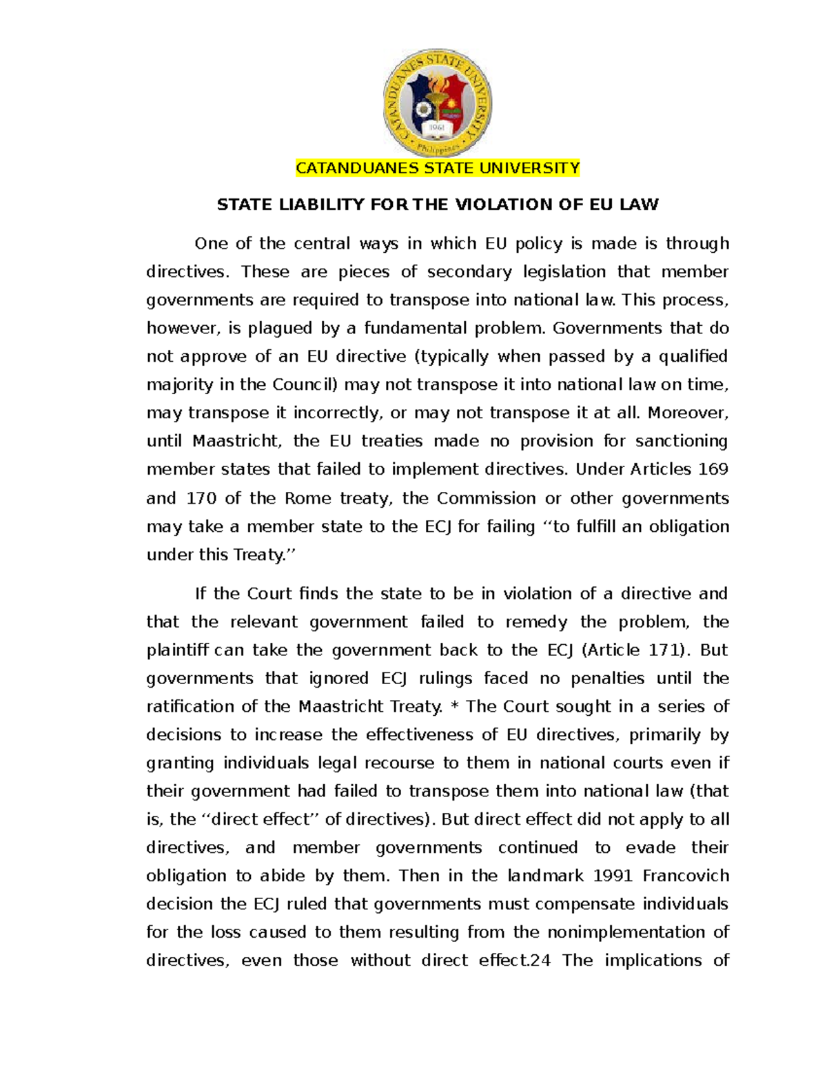 THE State Liability FOR THE Violation OF EU LAW - STATE LIABILITY FOR ...