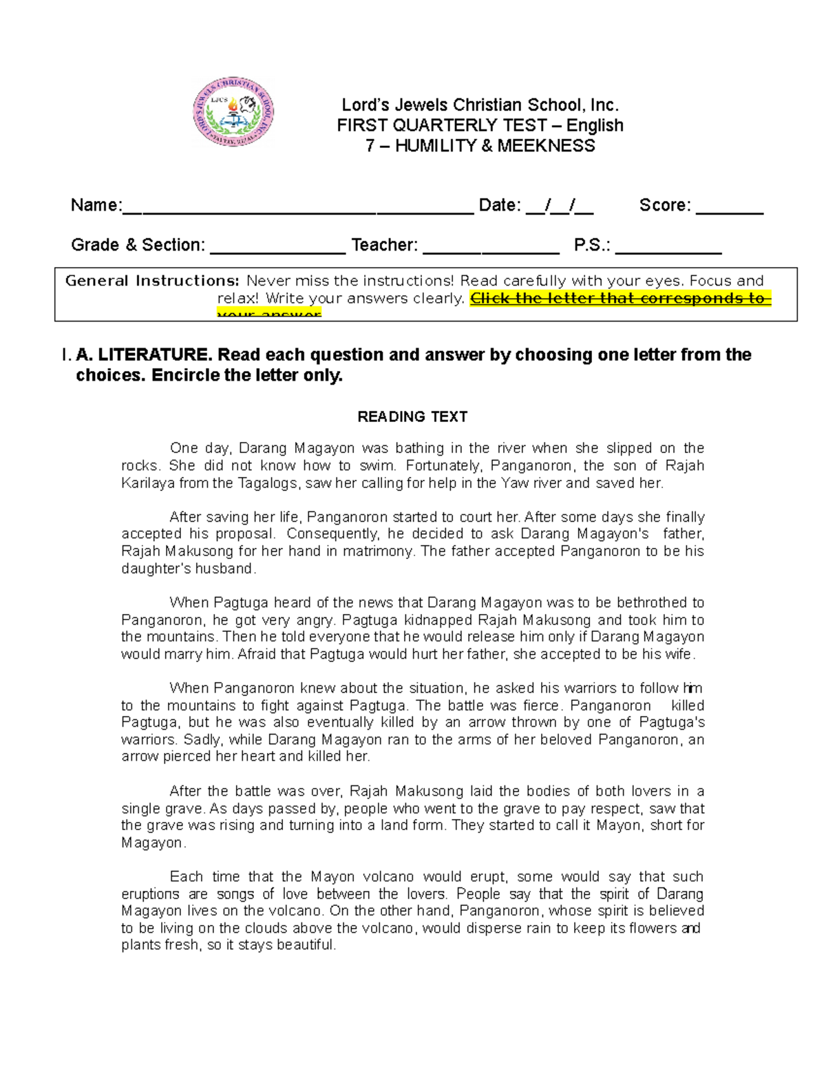 Eng7 1Q 2022 checked - examination in English on Knowledge ...