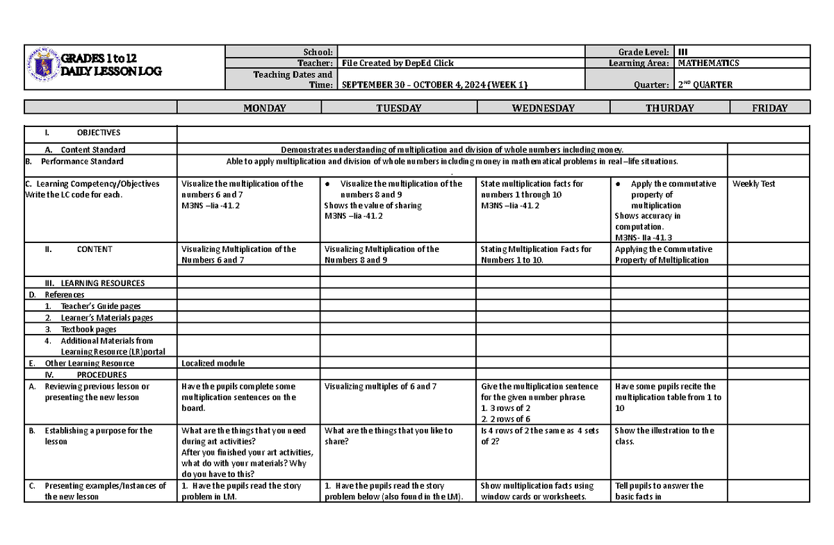 DLL Mathematics 3 Q2 W1 - ghfdyhfgyh - GRADES 1 to 12 DAILY LESSON LOG ...