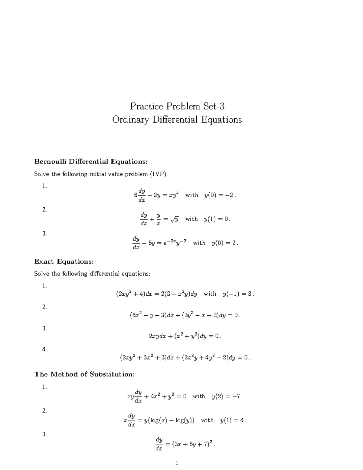 Practice Problem Set-3 - Practice Problem Set- Ordinary Differential ...