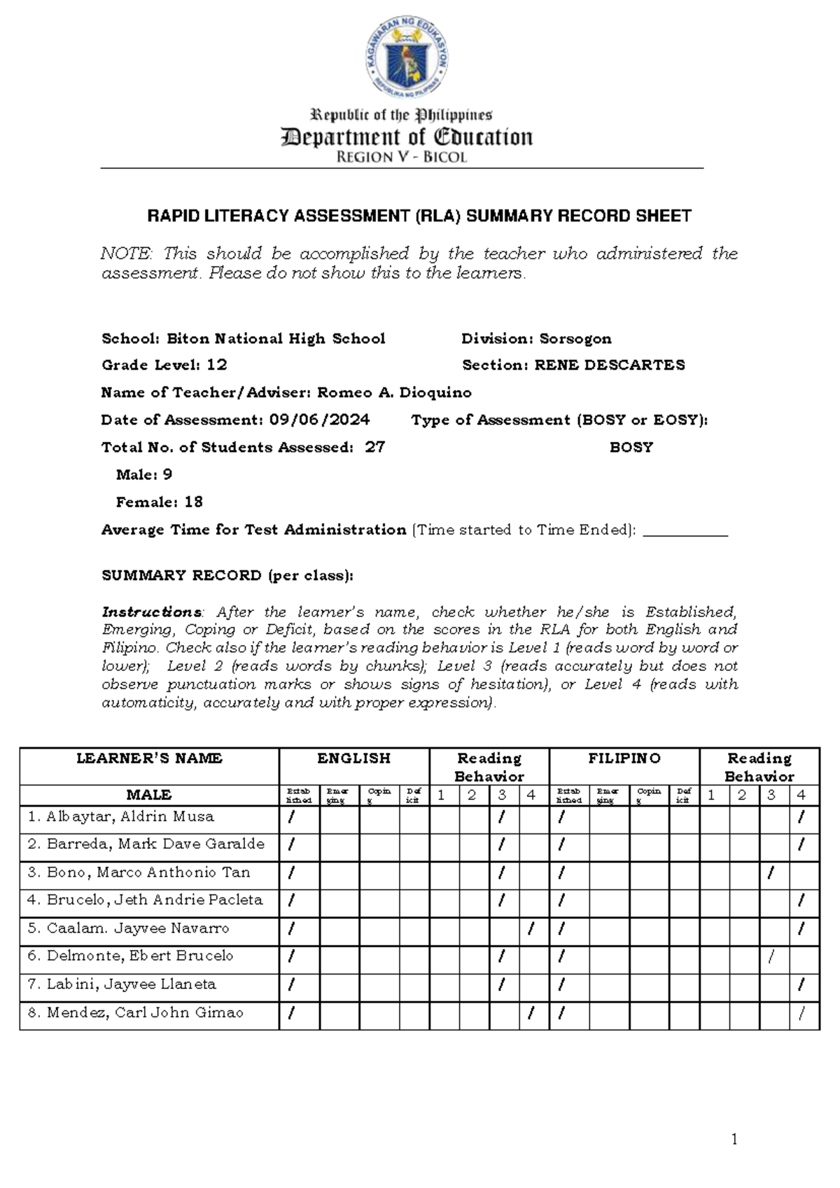 Grade 12 RENE Descartes RLA- Summary- Record- Sheet 023724 - RAPID ...