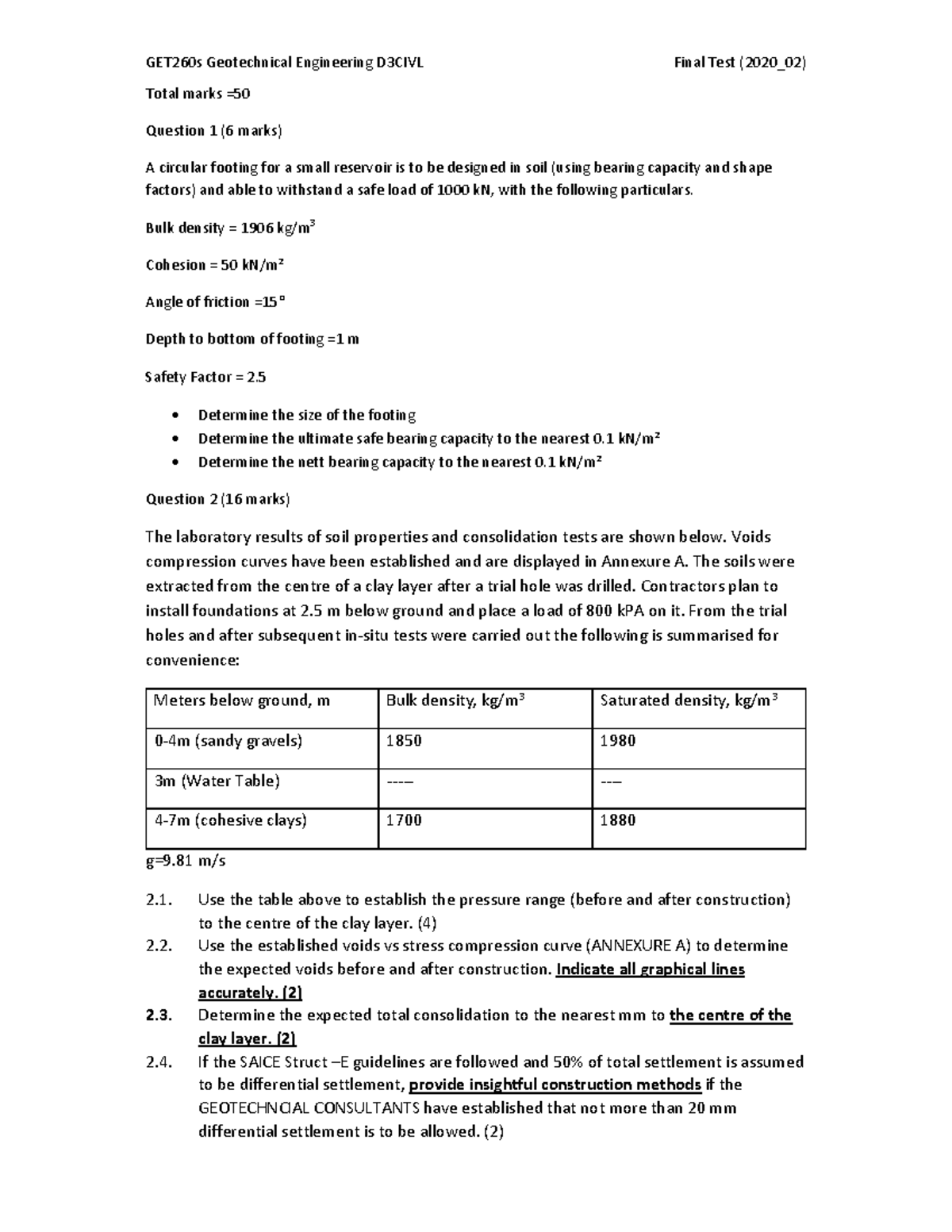 GET260s 2020 02 1st paper Example - Total marks = Question 1 (6 marks ...