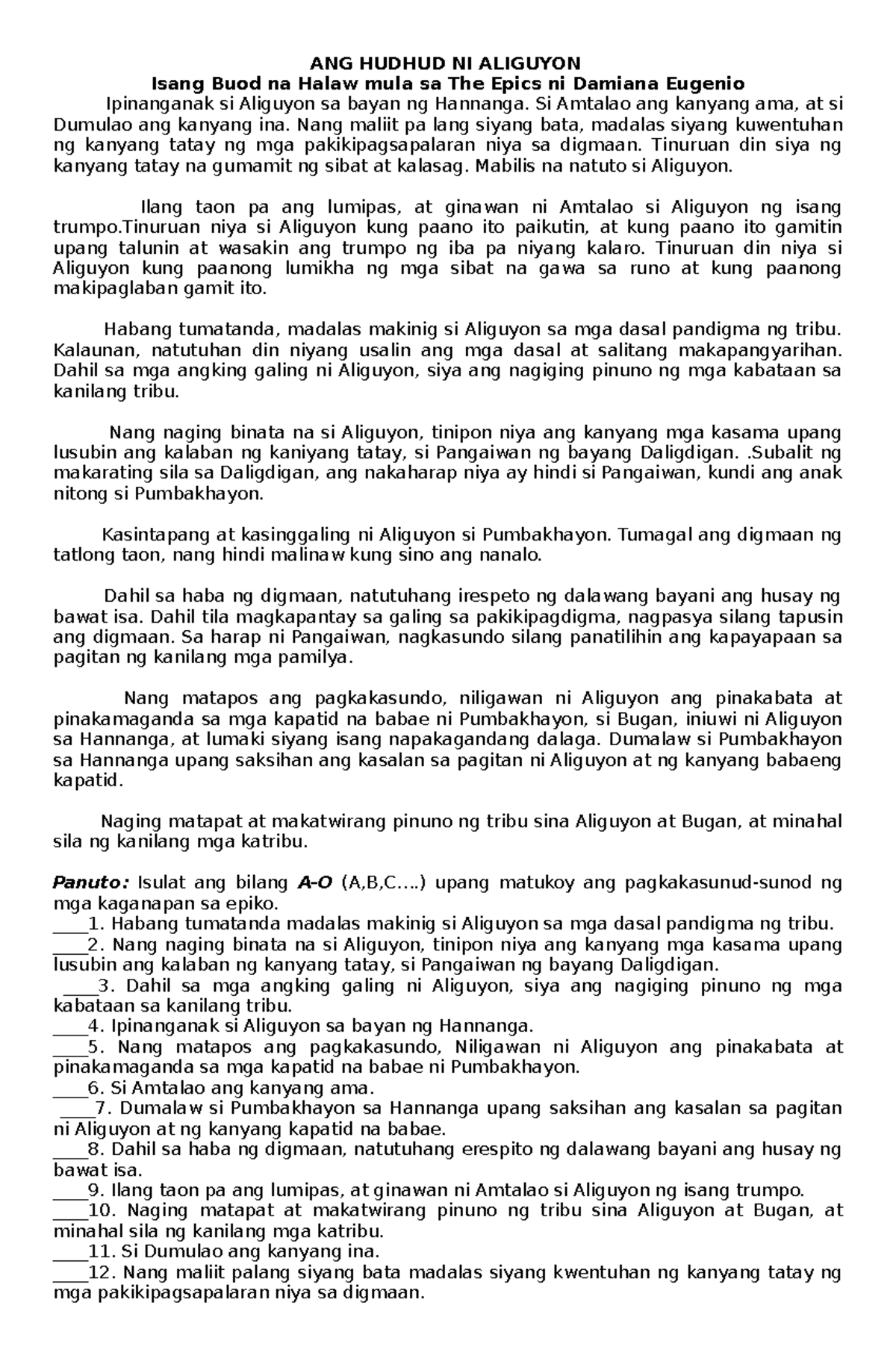 ANG Hudhud NI Aliguyon - ANG HUDHUD NI ALIGUYON Isang Buod na Halaw ...