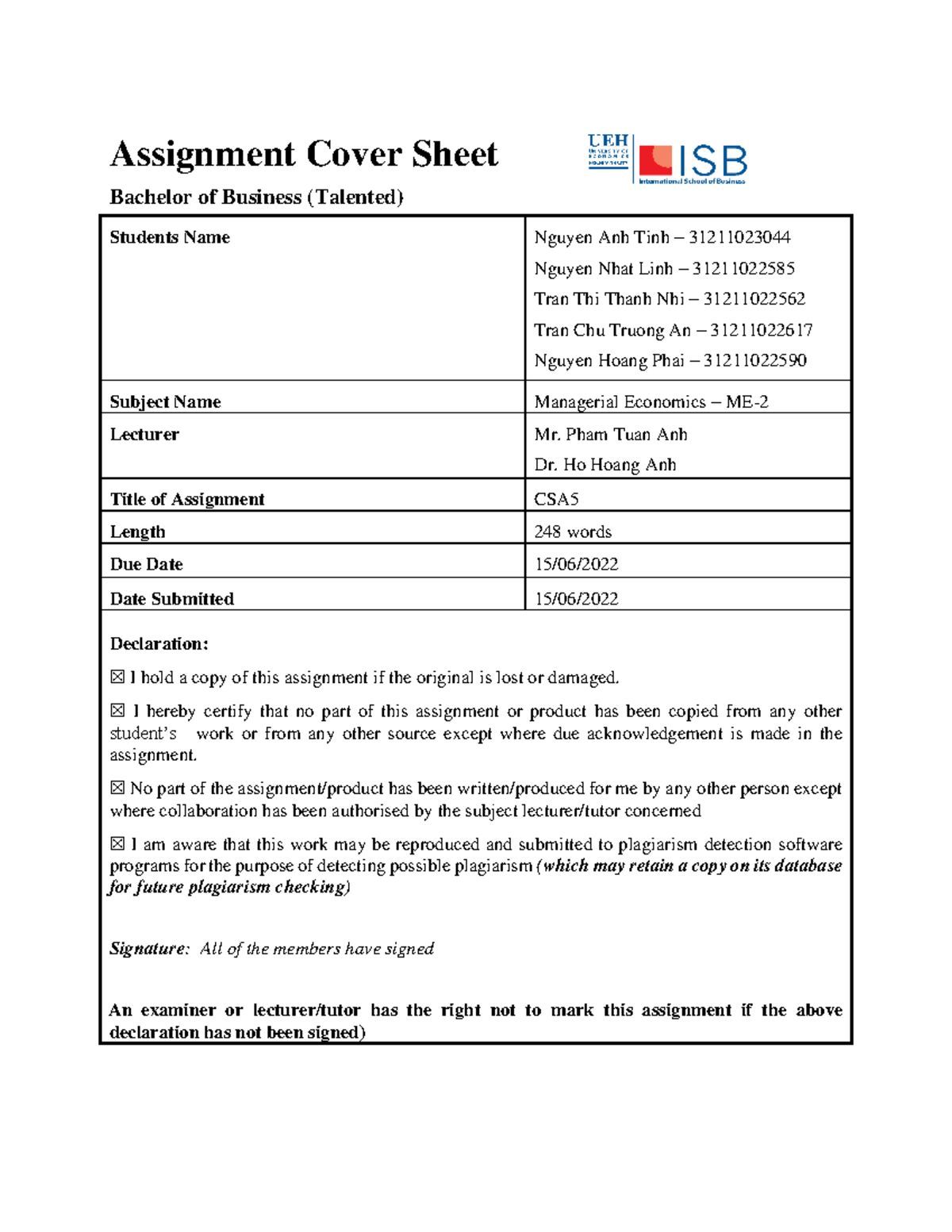 Group-4 ME2 CSA5 - csa - Assignment Cover Sheet Bachelor of Business ...