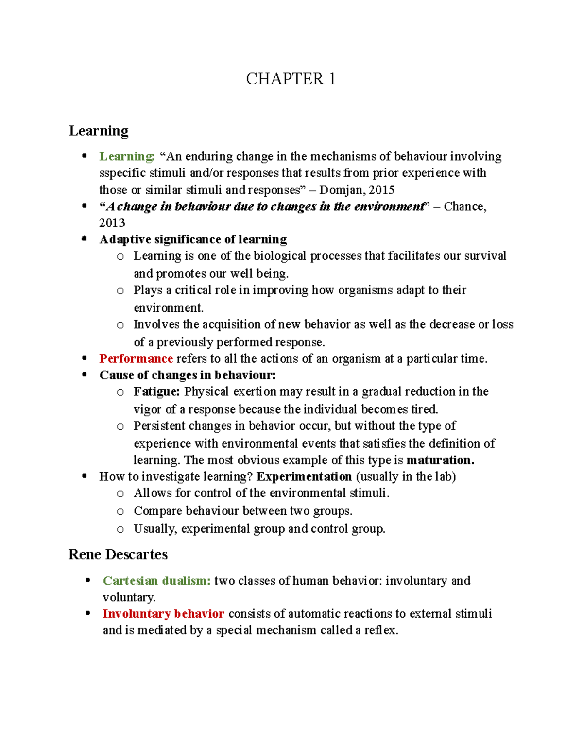Chapter 1 - NOTES - CHAPTER 1 Learning Learning: “An enduring change in ...