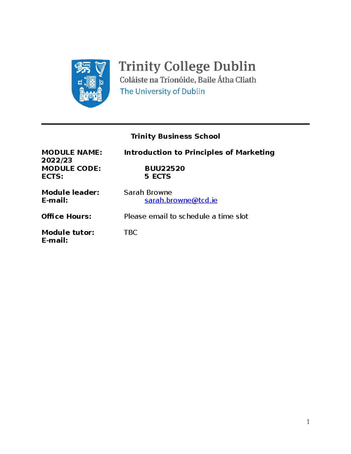 BUU22520 Module Outline Updated 2022 2023 - Trinity Business School ...